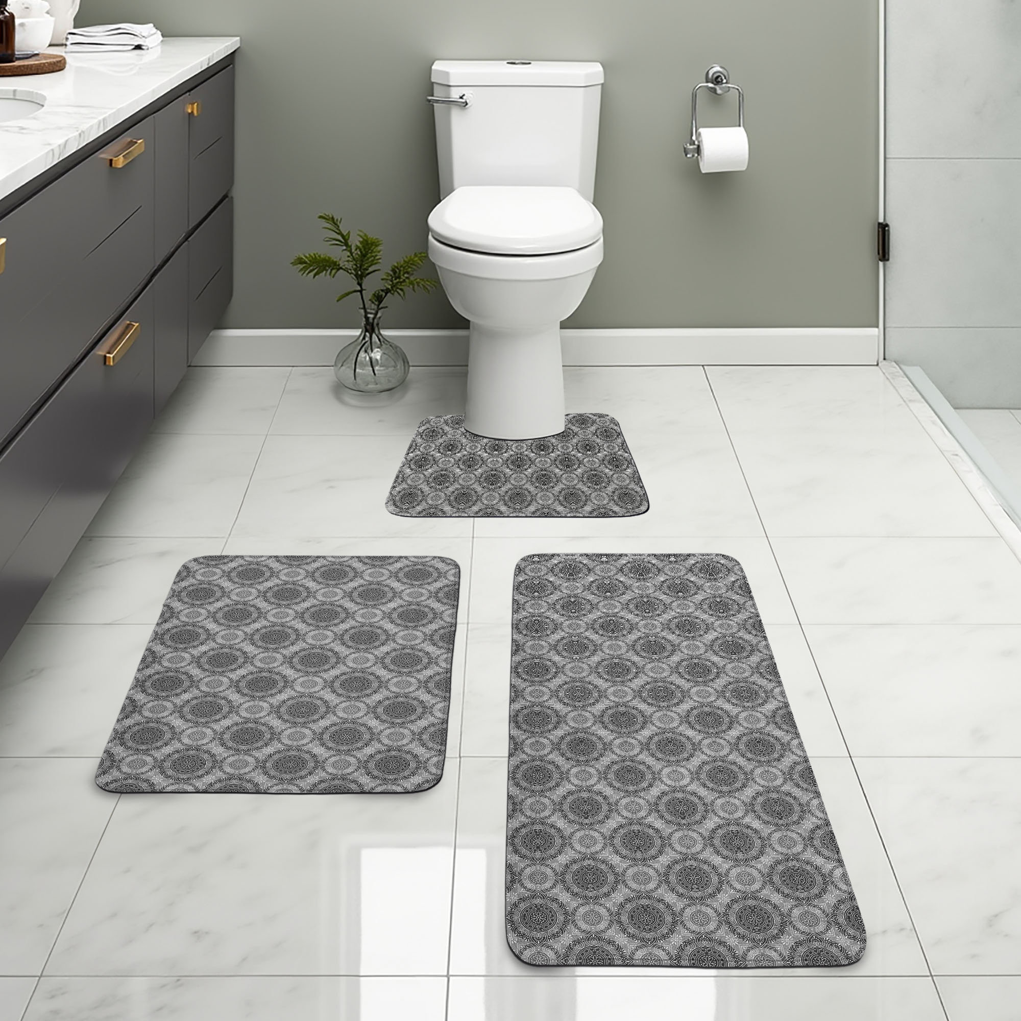 East Urban Home Grey Bathroom Rug Set 3 Pieces U-Shape & Rectangle Mats ...