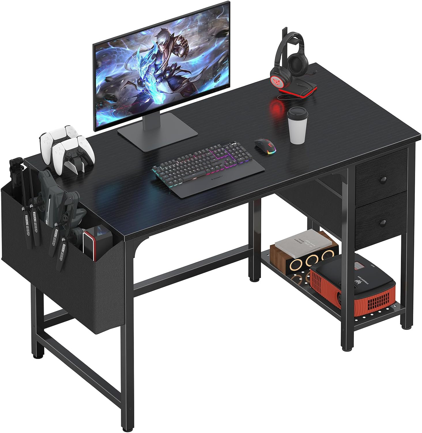 Inbox Zero Computer Desk With Fabric Drawers, 40 Inch Reversible Gaming ...