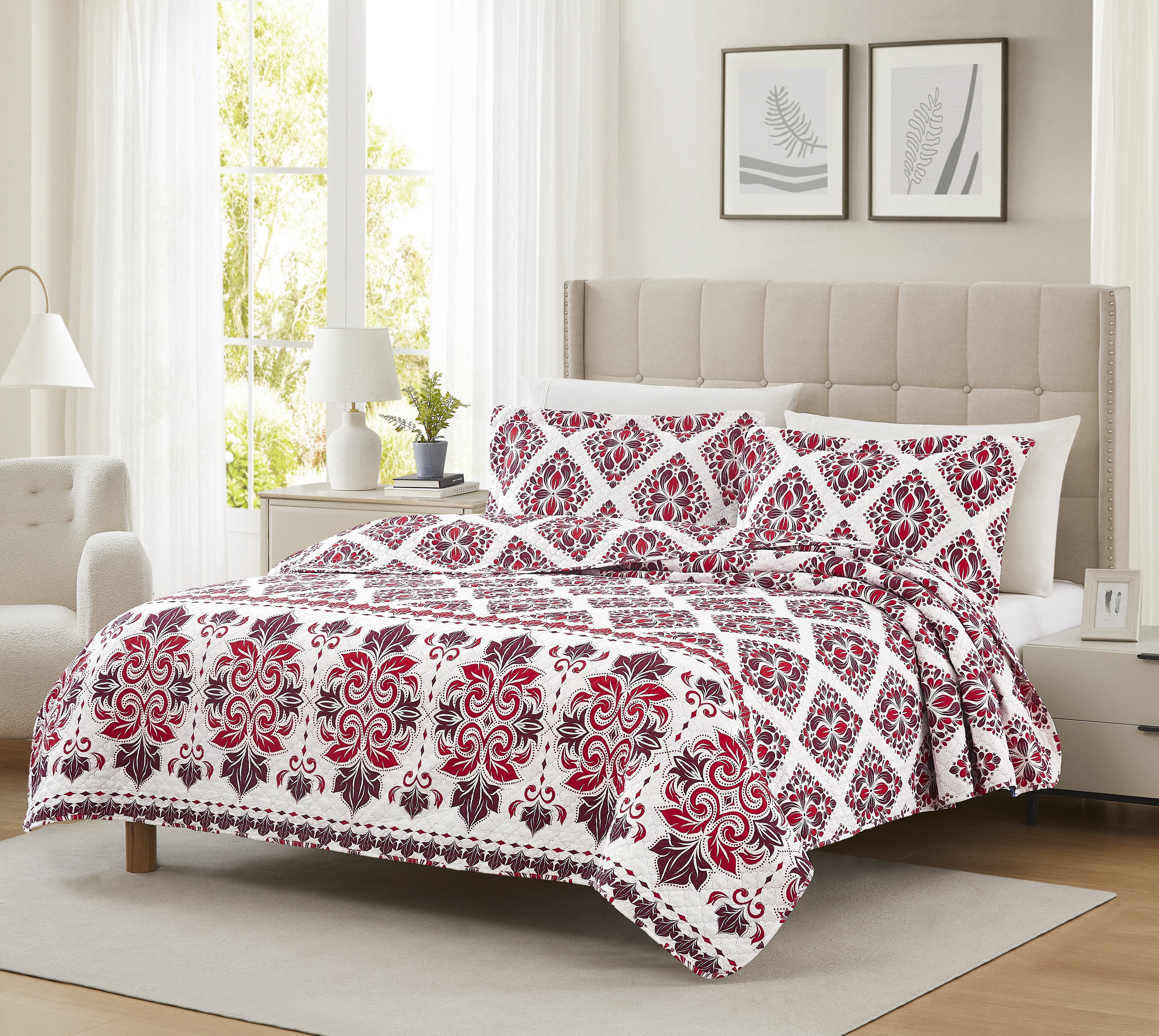 Linen Universe Mayfair Red/Burgundy/White Microfiber Reversible 3 Piece ...