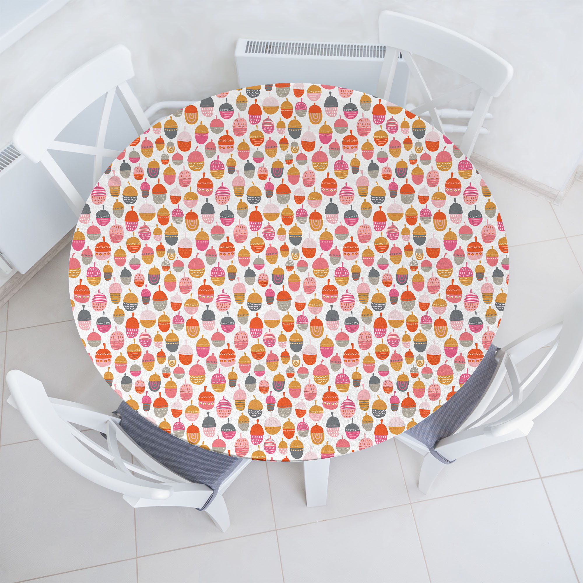 Ebern Designs Acorn Fitted Round Tablecloth White Multicolor | Wayfair