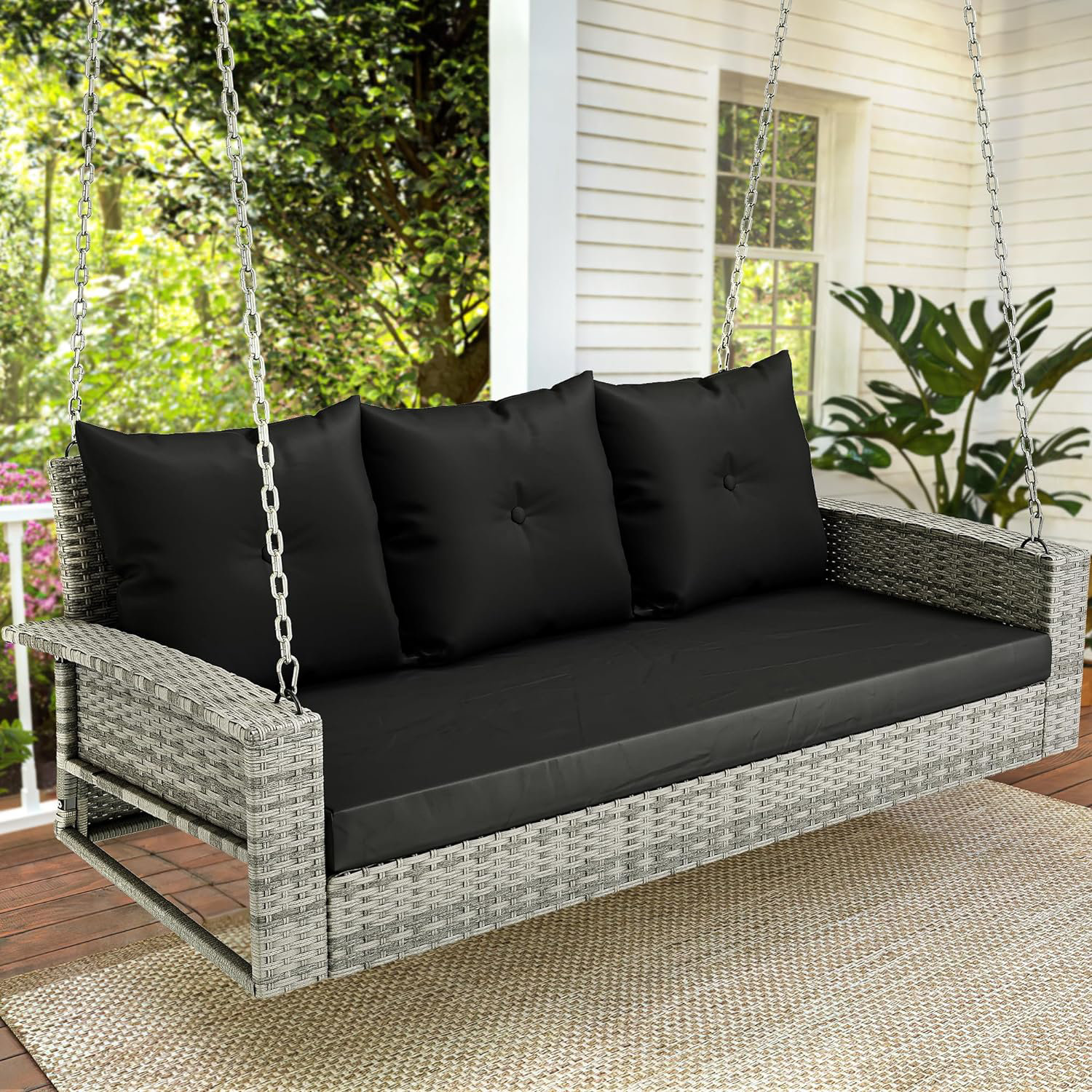 Latitude Run® 3-Seats Wicker Hanging Porch Swing Chair Outdoor Gray ...