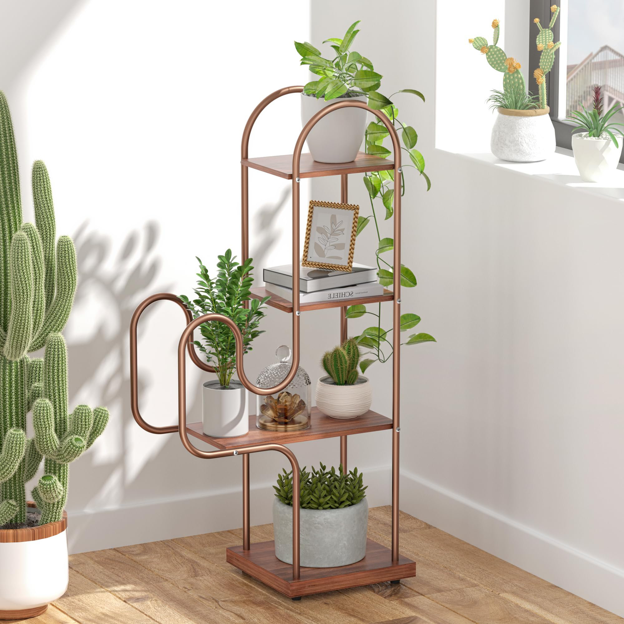 Winston Porter Cactus Plant Stand Indoor, Metal Corner Shelf , Rustic ...