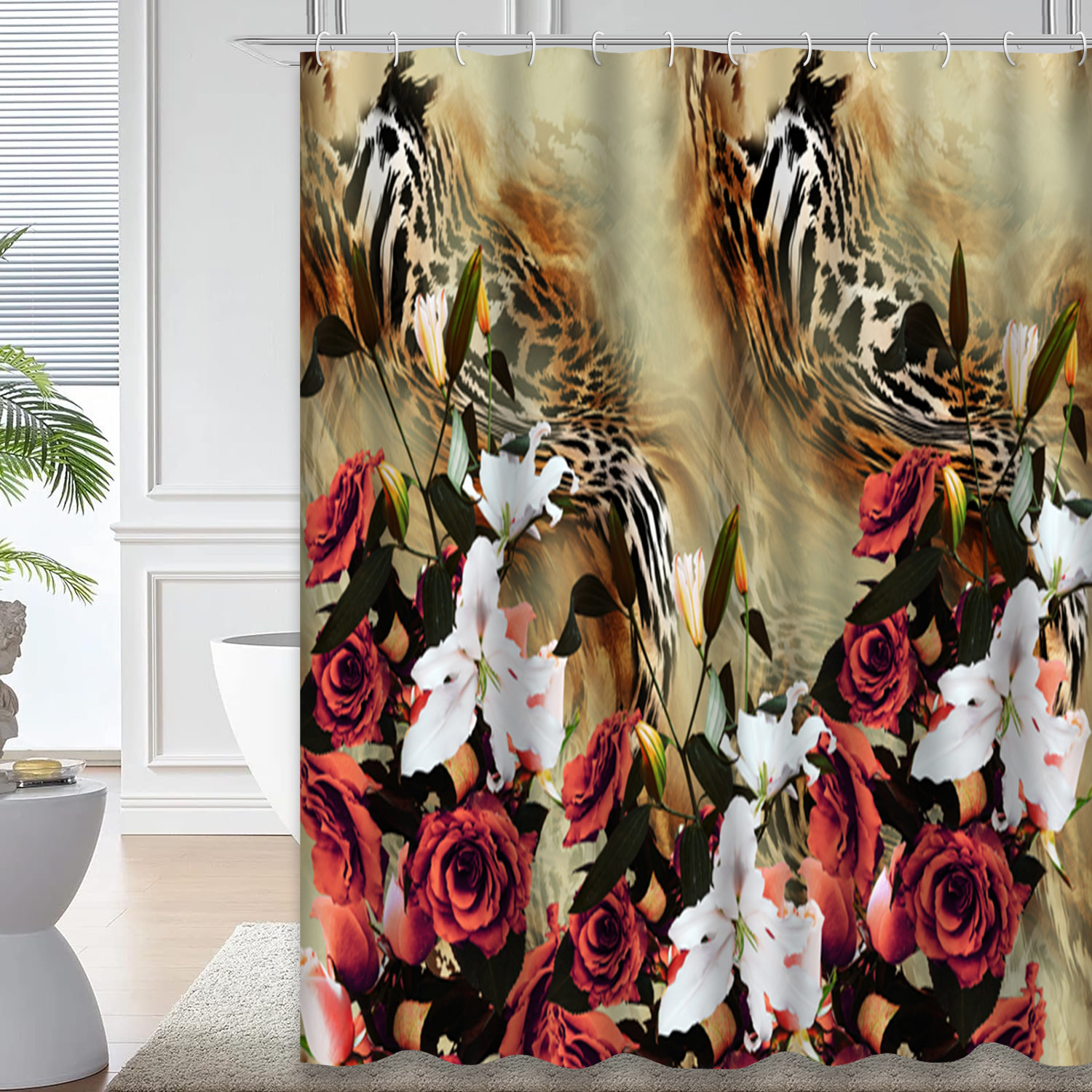 East Urban Home Rose Red Waterproof Shower Curtain,Red Roses and Leopard Skin Africa Animal Art ...