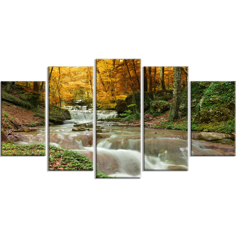 DesignArt Forest Waterfall With Yellow Trees On Canvas 5 Pieces Print ...