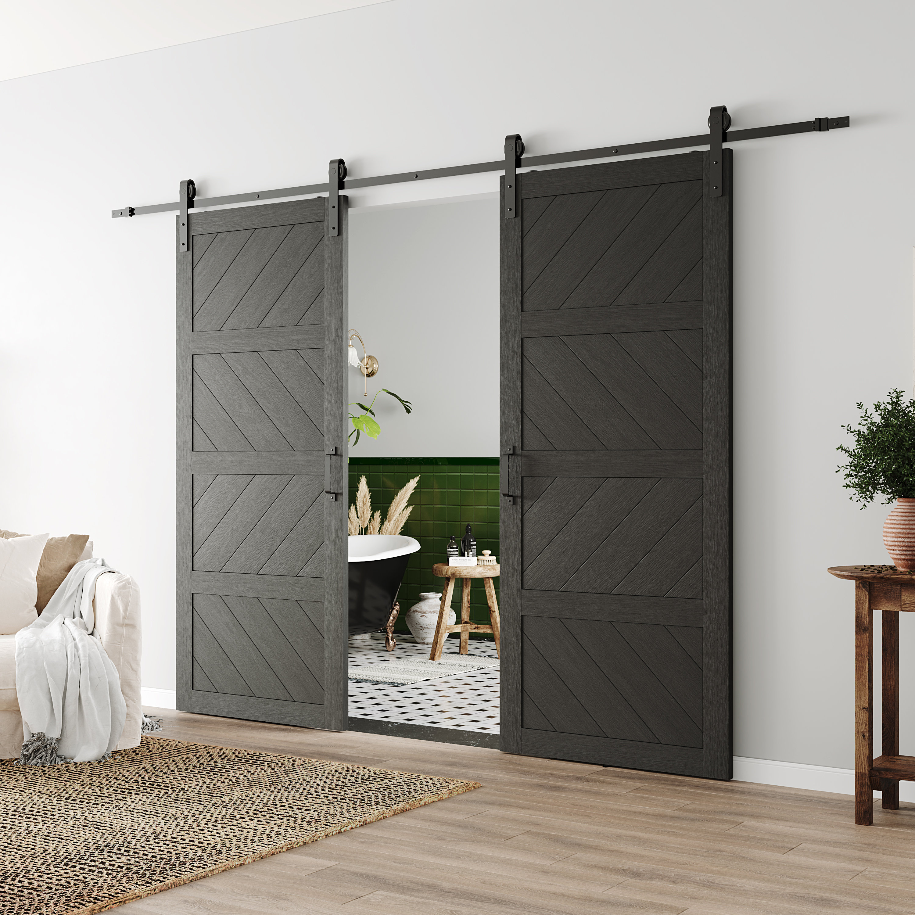 CHIC MODE Black Sliding Barn Door Design - 4 Lite DIYSolid Wood Panel ...