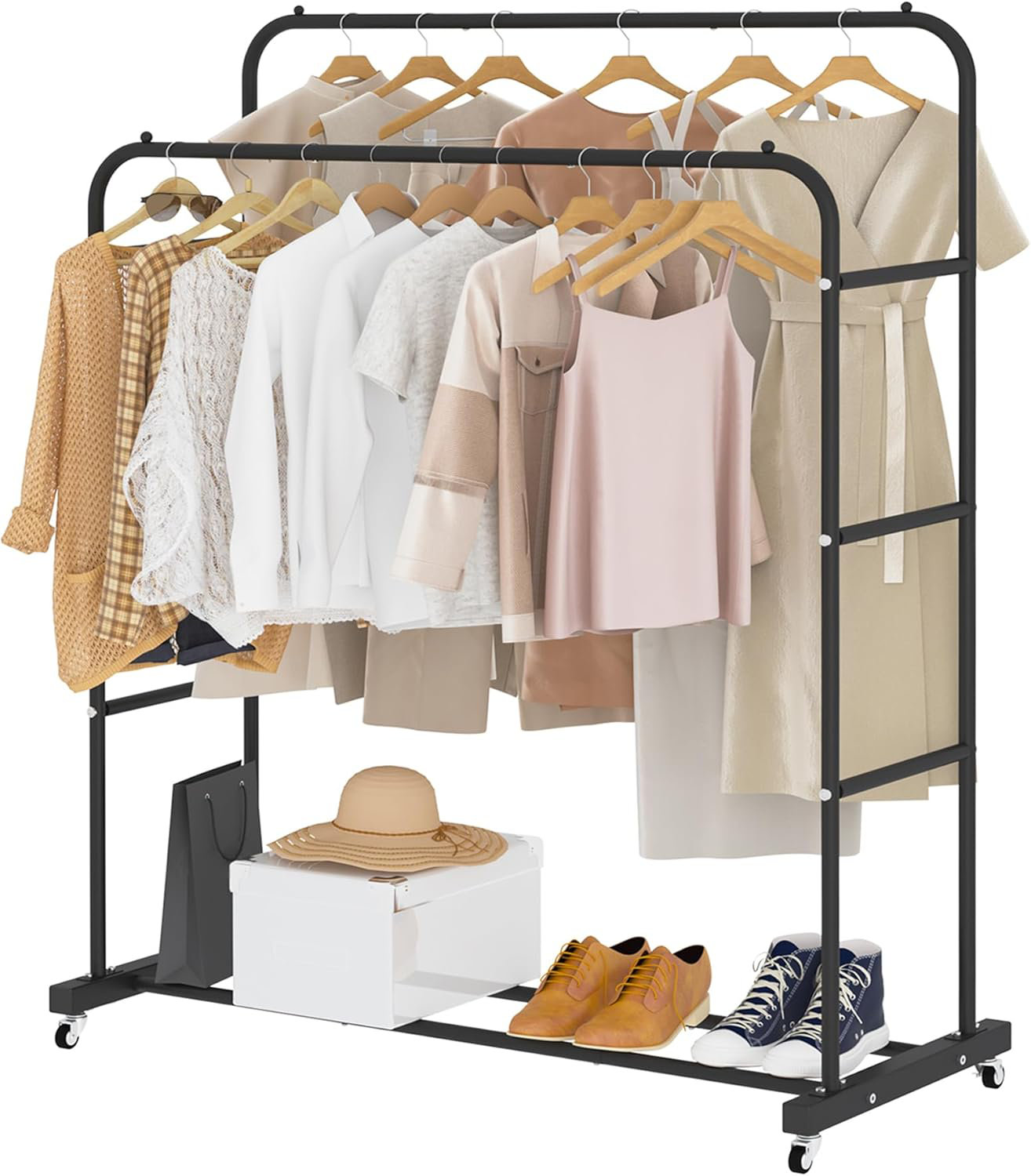 Rebrilliant Laiensia Double Rods Clothing Rack With Wheels, Garment ...