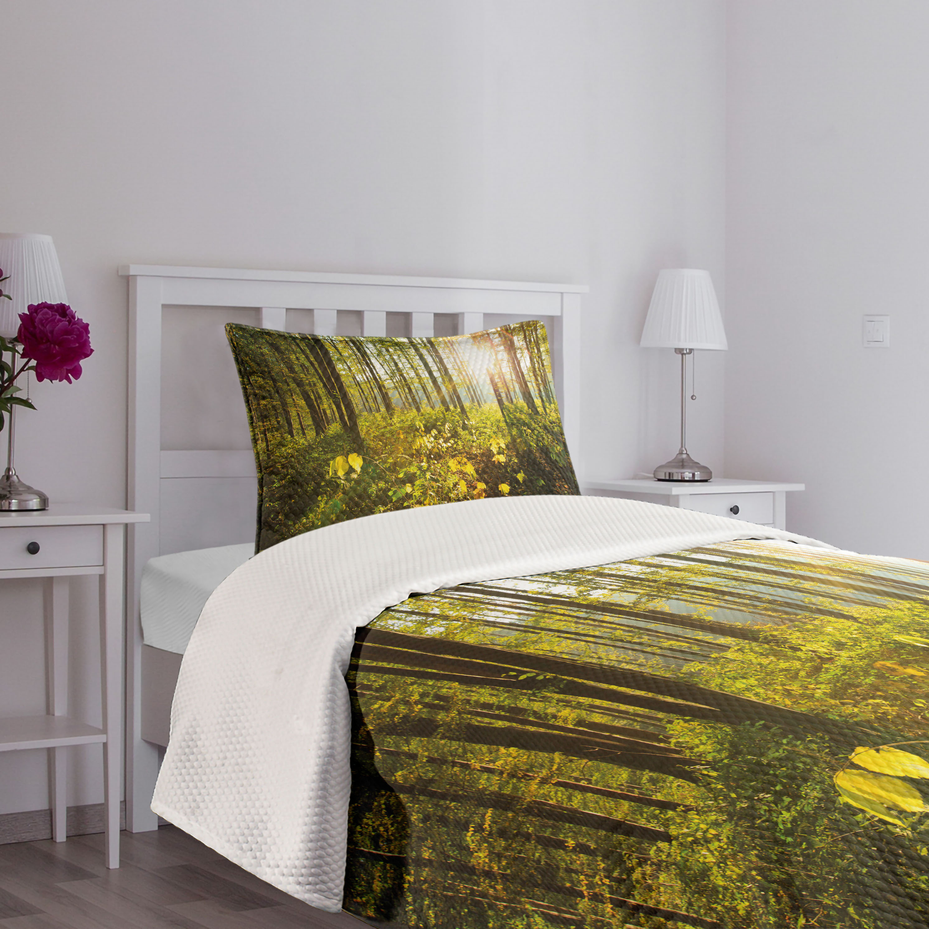 Ambesonne Forest Bedspread Set Sun Rays Woods Foliage Green Yellow ...