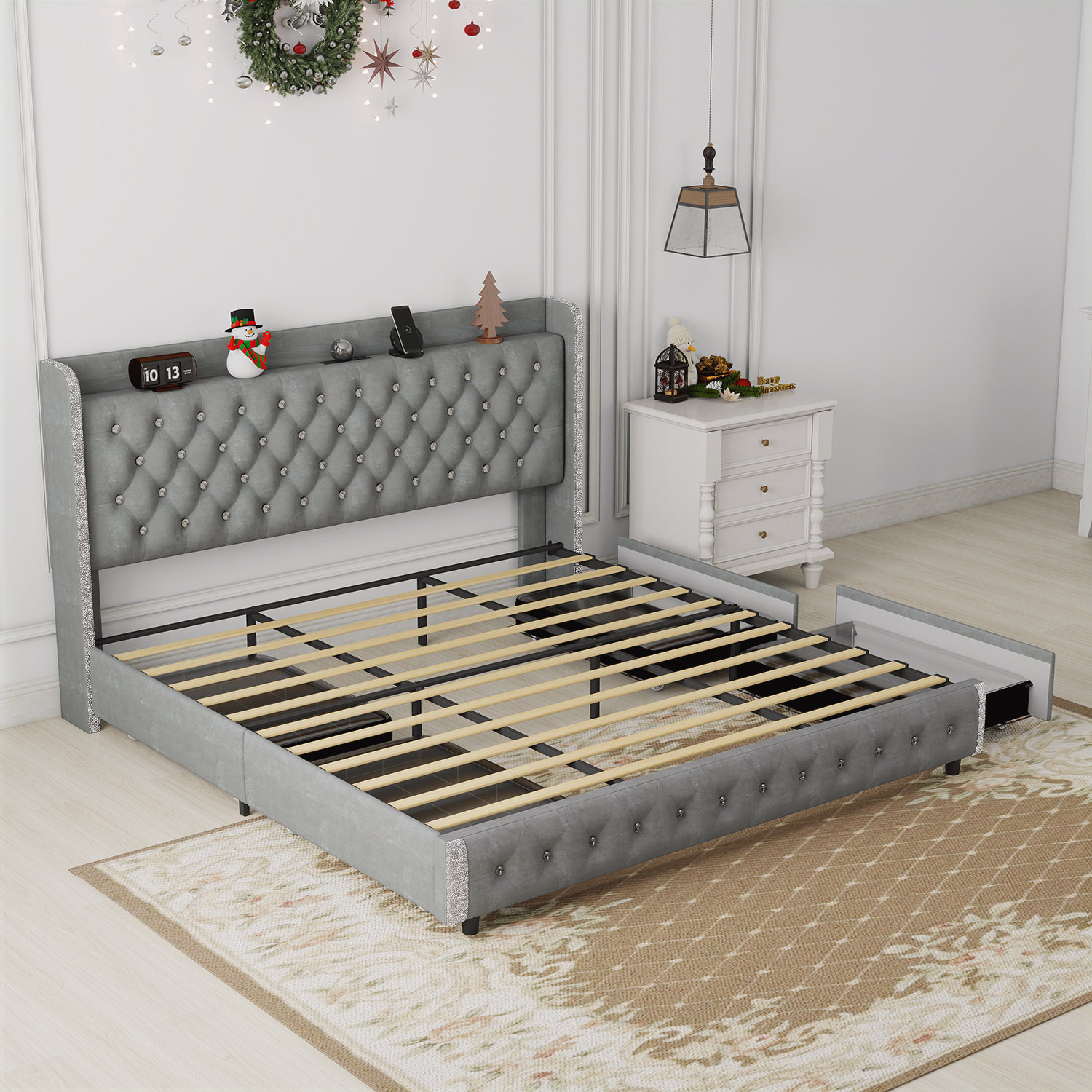 Mercer41 Upholstered Platform Bed Wingback Upholstered Headboard with 4 ...