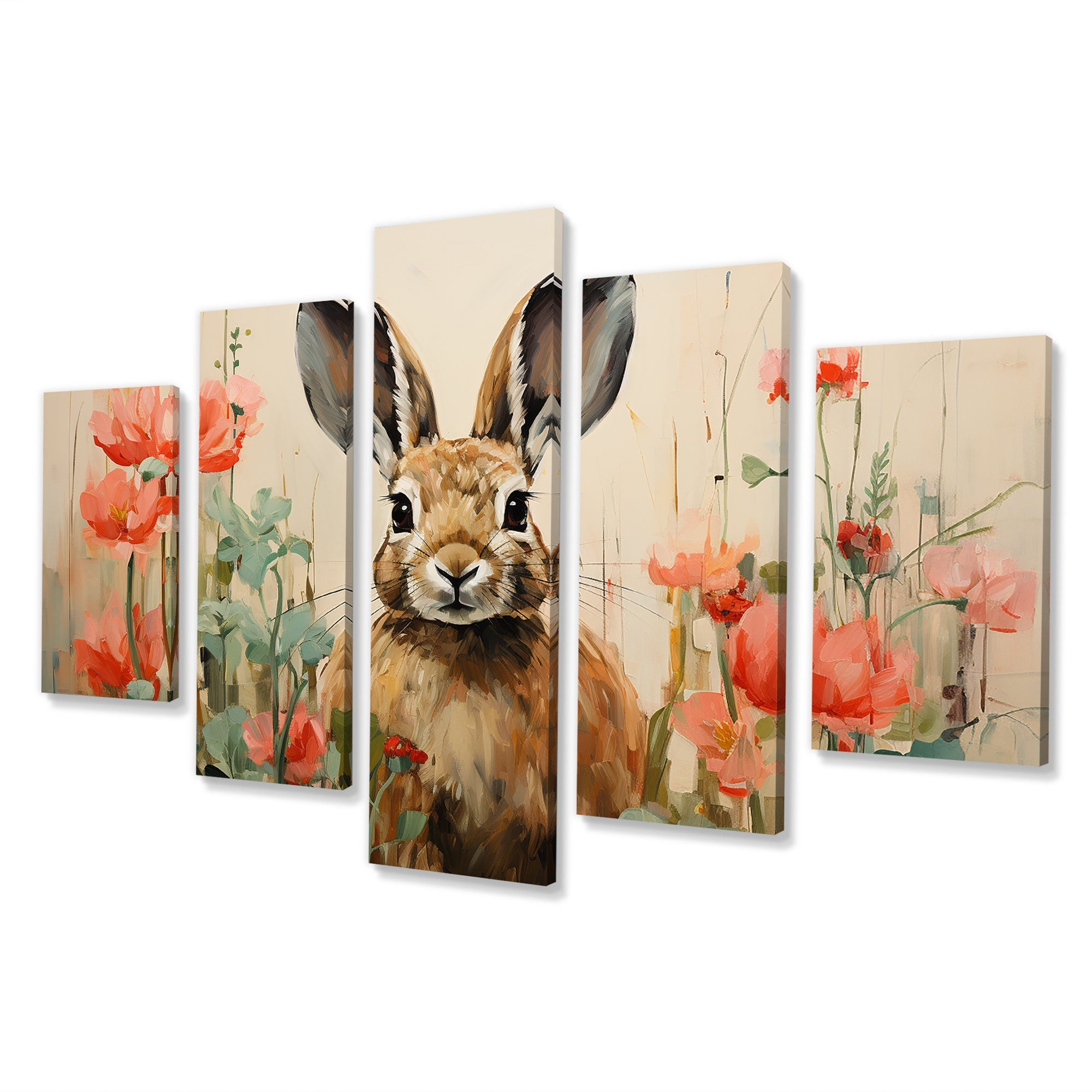 August Grove® Curious Floral Rabbit Meadow I - Rabbit Multipanel Wall ...