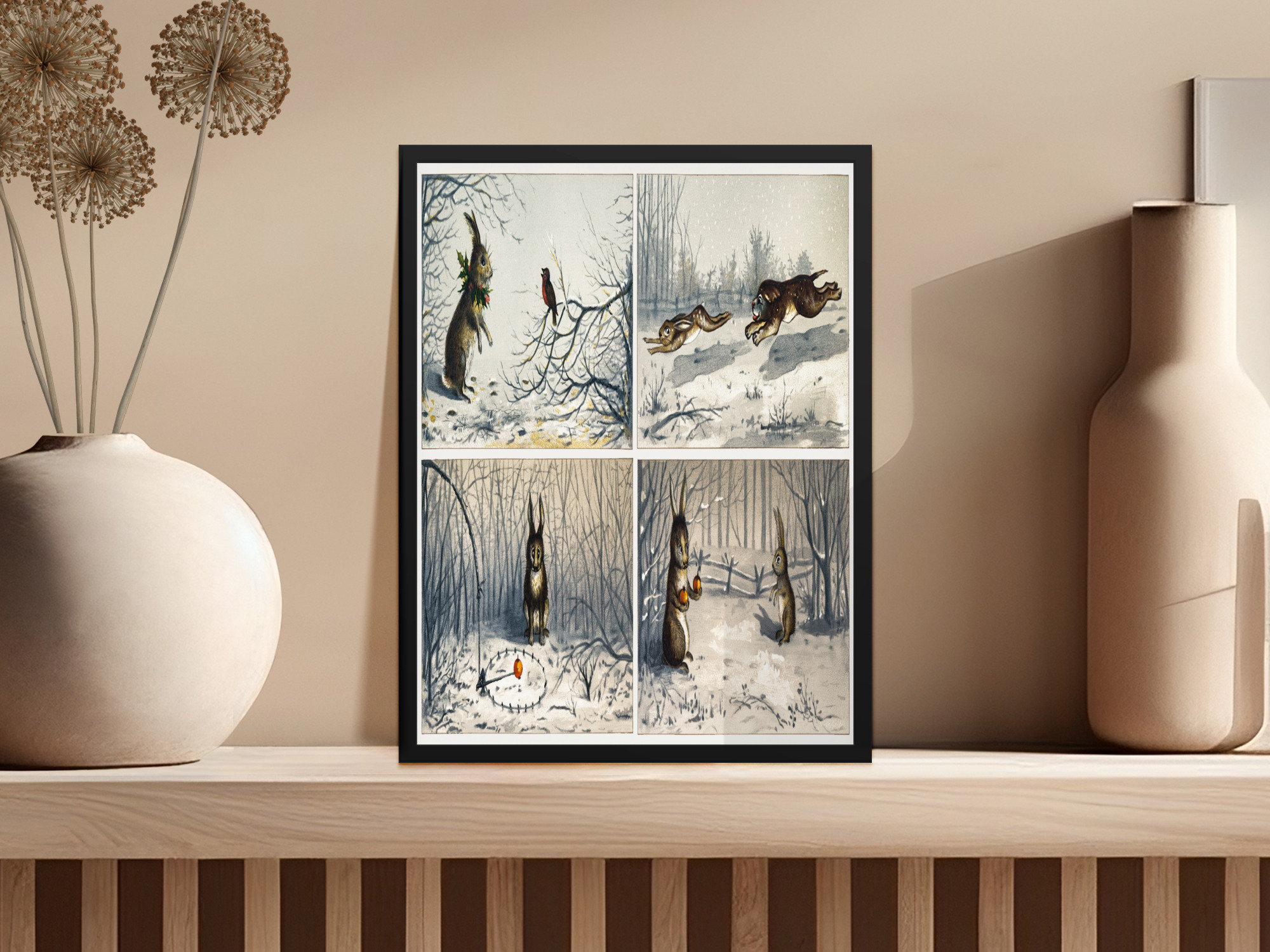 Lark Manor Four Scenes of Winter Hare Vintage Art Illustration Framed ...