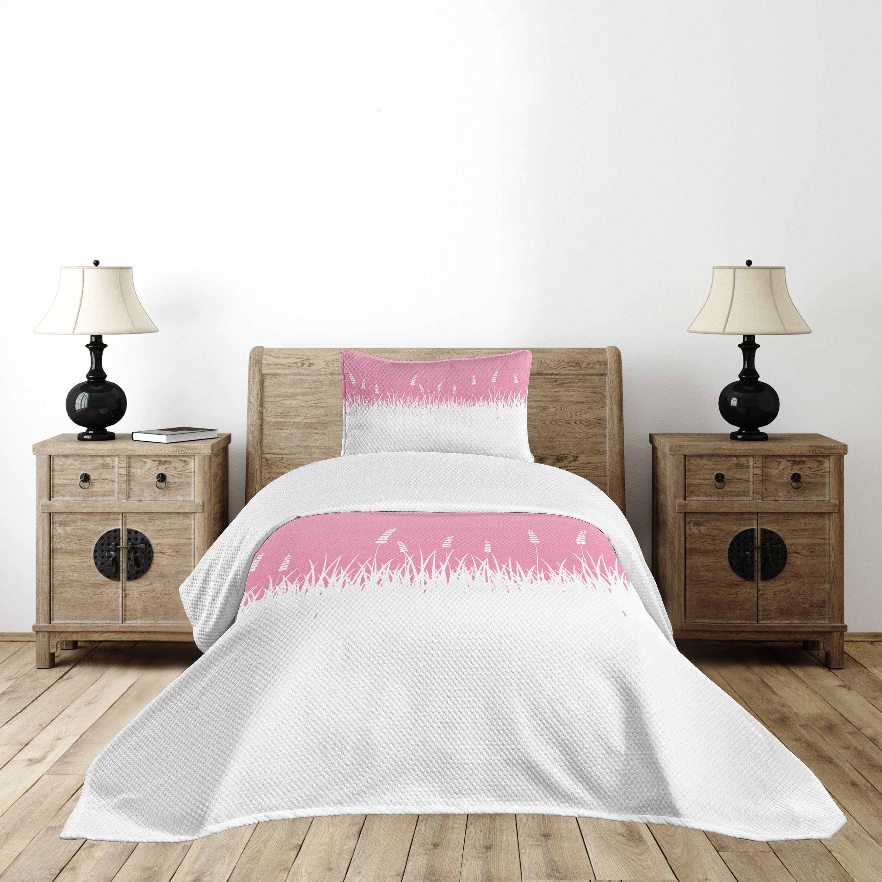 Ambesonne Pink Bedspread Set Bushes and Wheat Field Hot Pink and White ...