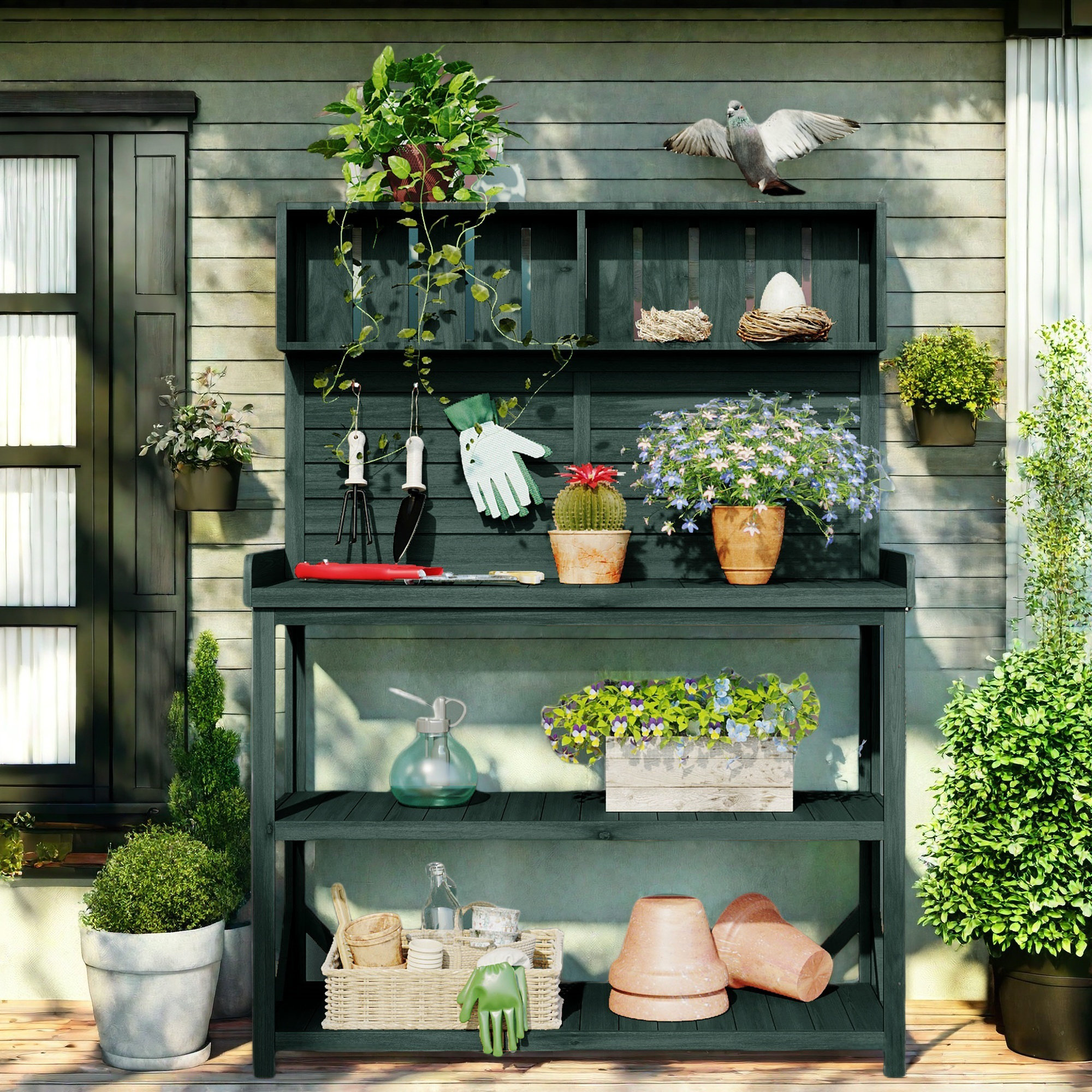 Hokku Designs Large Outdoor Farmhouse Wooden Potting Bench Table With 4 ...