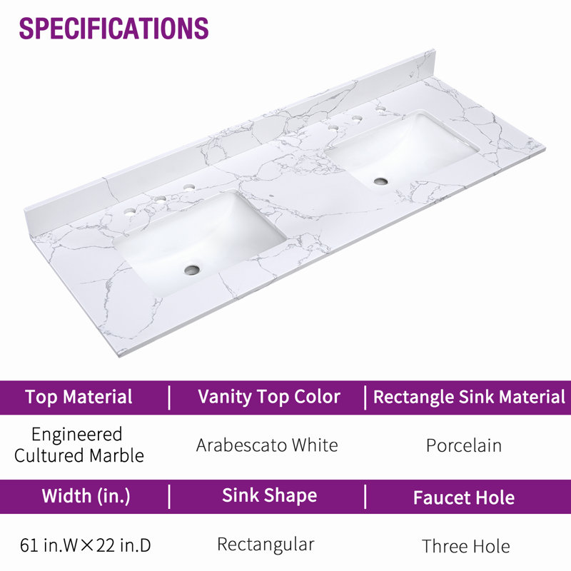 PROOX 61" Double Bathroom Vanity Top In White With Engineered Composite ...