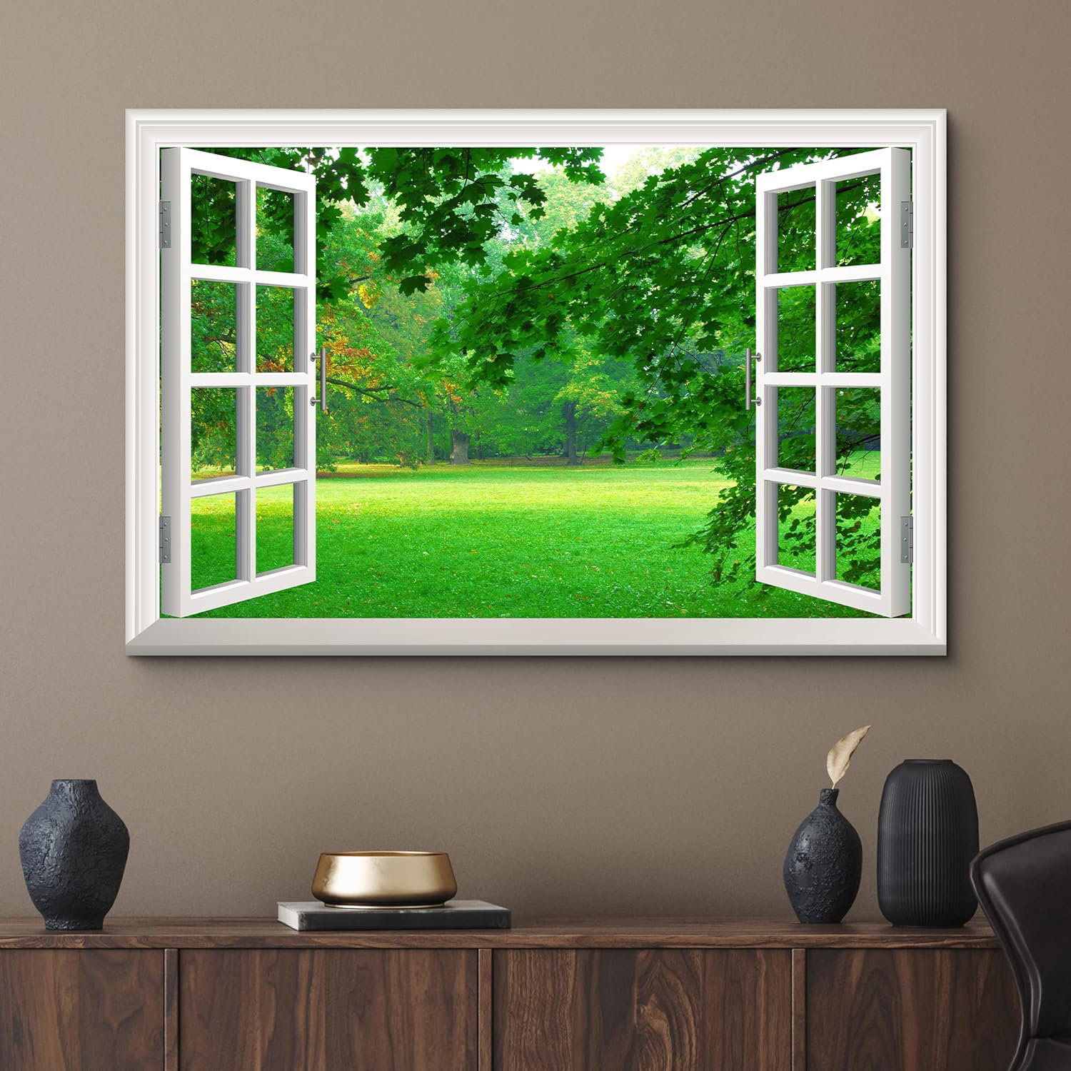 IDEA4WALL Window Scenery View to Green Forest Field - Wrapped Canvas ...