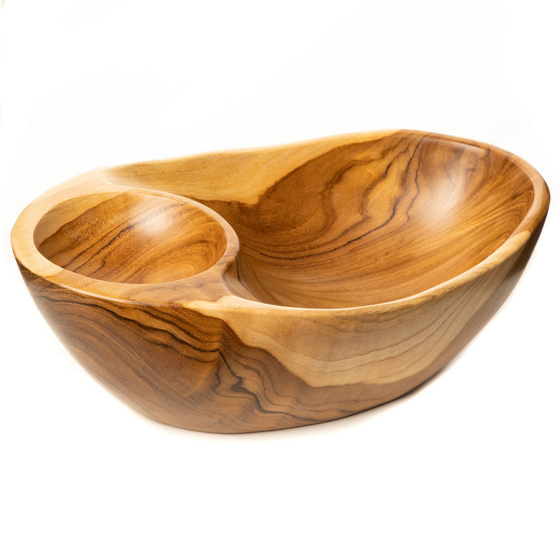 Millwood Pines Jumbo Serving Teak Wood Bowl with Built-In Dip Divider ...