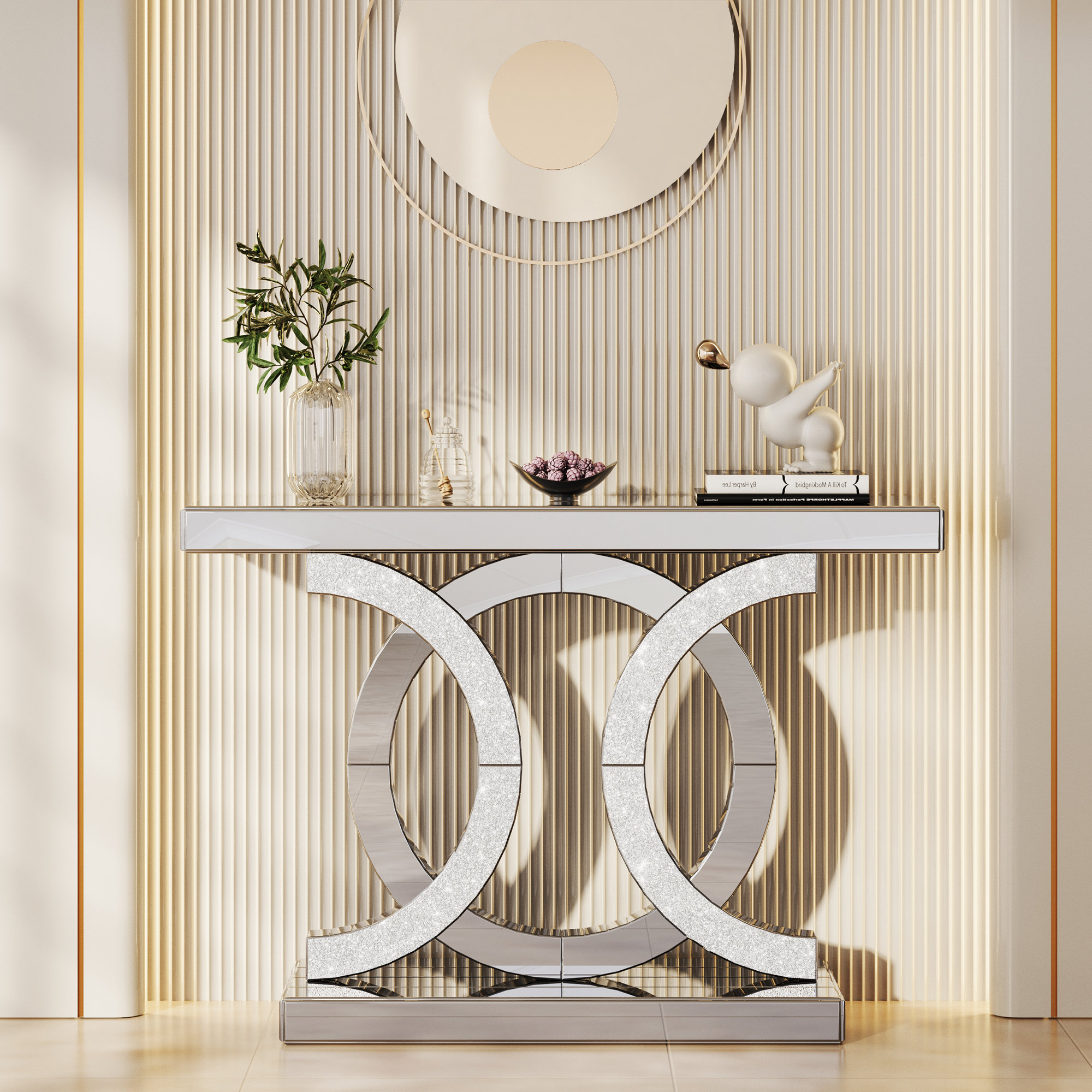 Mercer41 Luxury Double-Circle Mirrored Console Table For Living Room ...