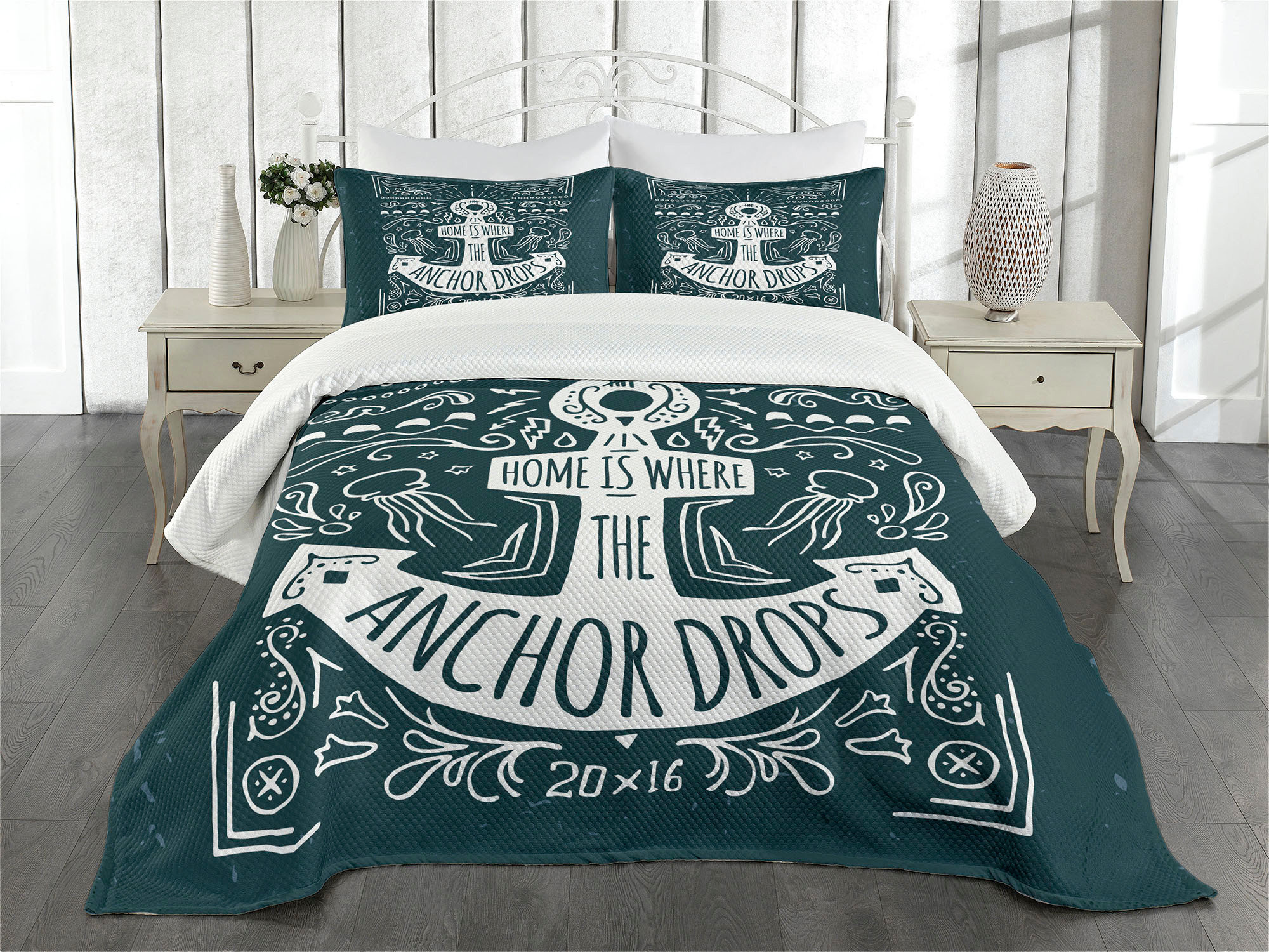 Ambesonne Anchor Bedspread Hand Drawn Hipster Dark Blue White | Wayfair
