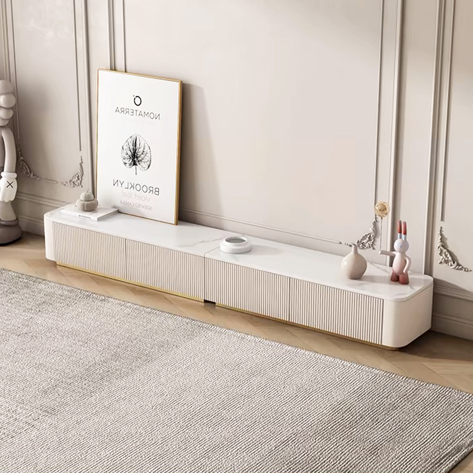 Everly Quinn Beige Wood Patchwork Faux Marble Countertop TV Storage ...