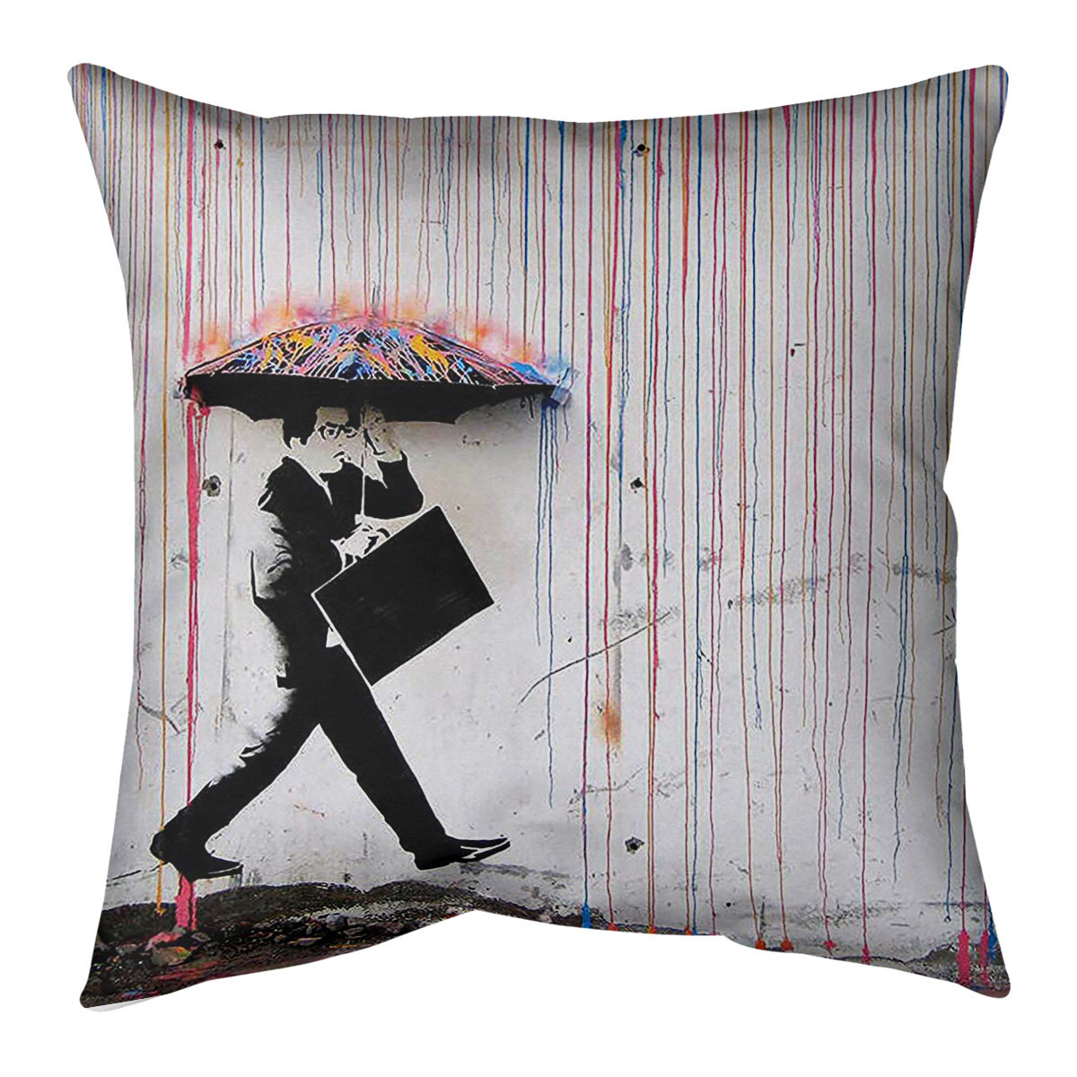 ArtVerse Business Man Walking Through Rainbow Rain off-Centered Pillow ...