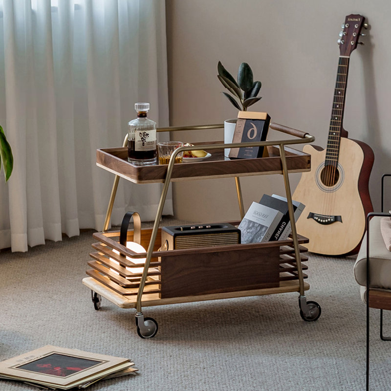 Everly Quinn 24.8" Walnut Standard Solid Wood Bar Carts | Wayfair