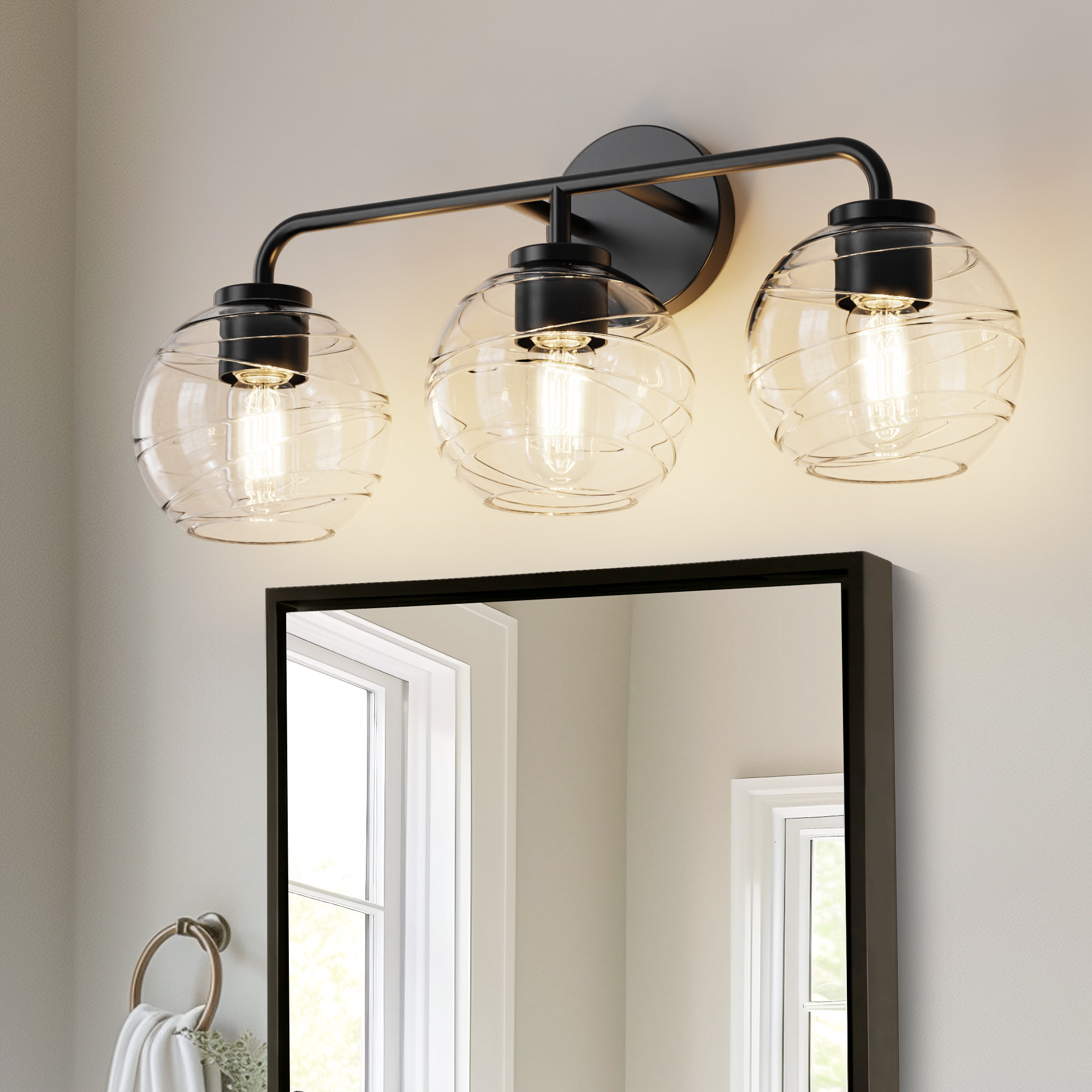 Ebern Designs Modern 3-Light Black Vanity Light With Textured Globe ...