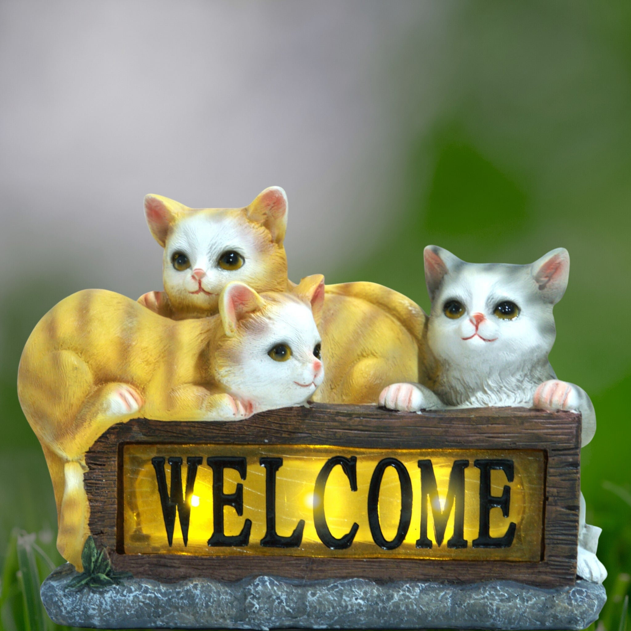 Trinx Pioche Cute Yellow Solar Cat Trio Welcome Statue For Garden Decor ...
