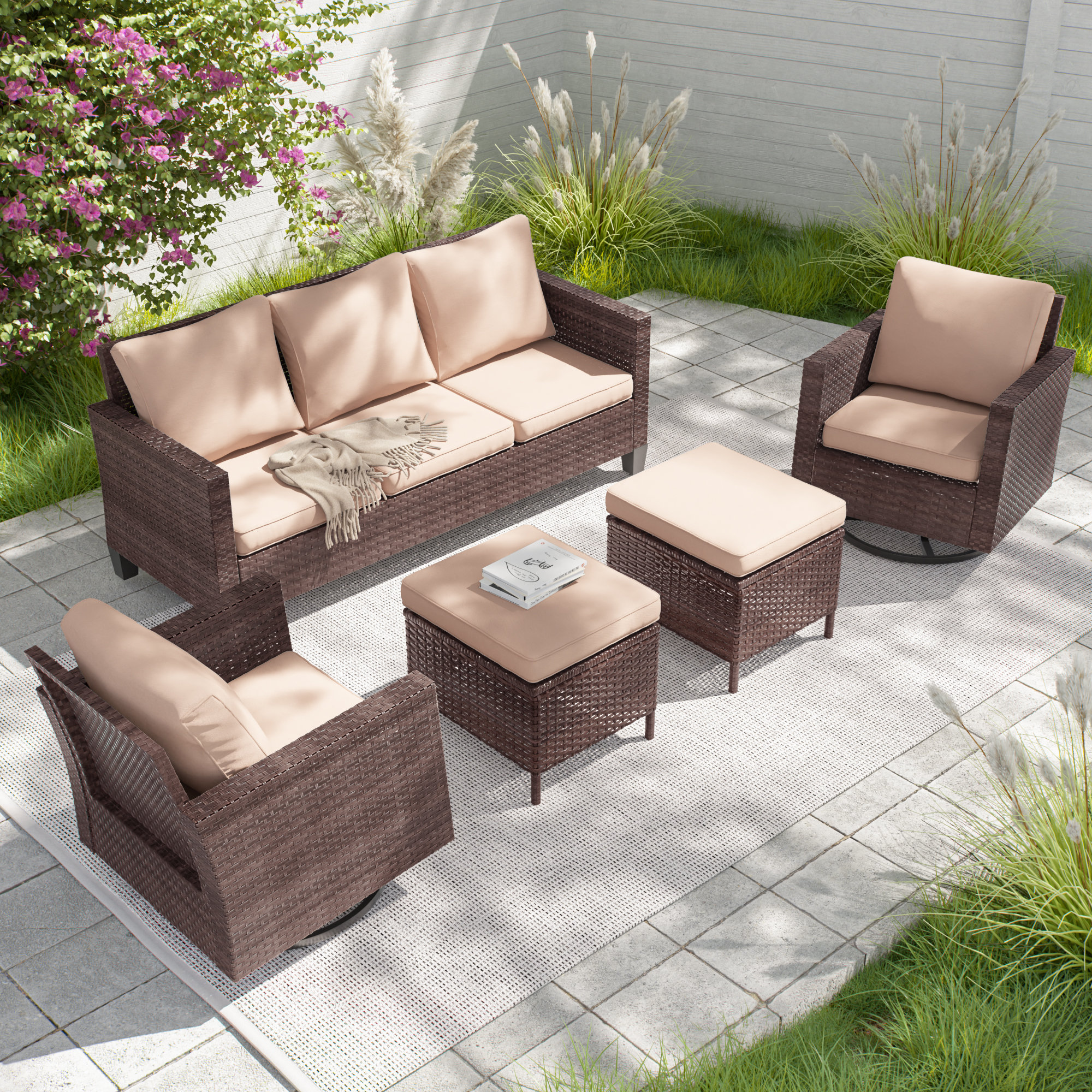 Latitude Run® 5 - Person Wicker Swivel Rocker Chair Outdoor Seating ...