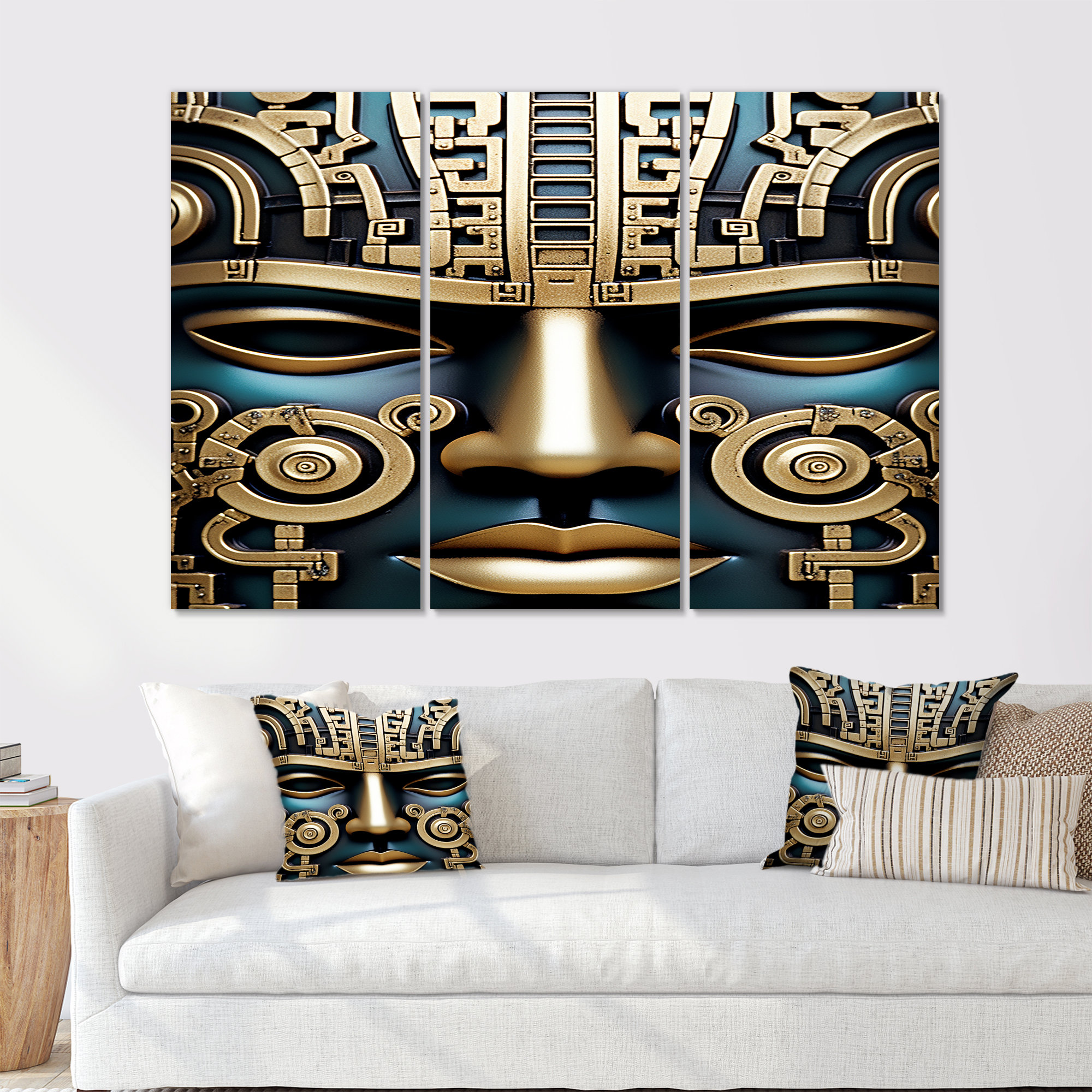 Design Art Golden Aztec Teal Mask - Native American Wall Art Decor Set ...