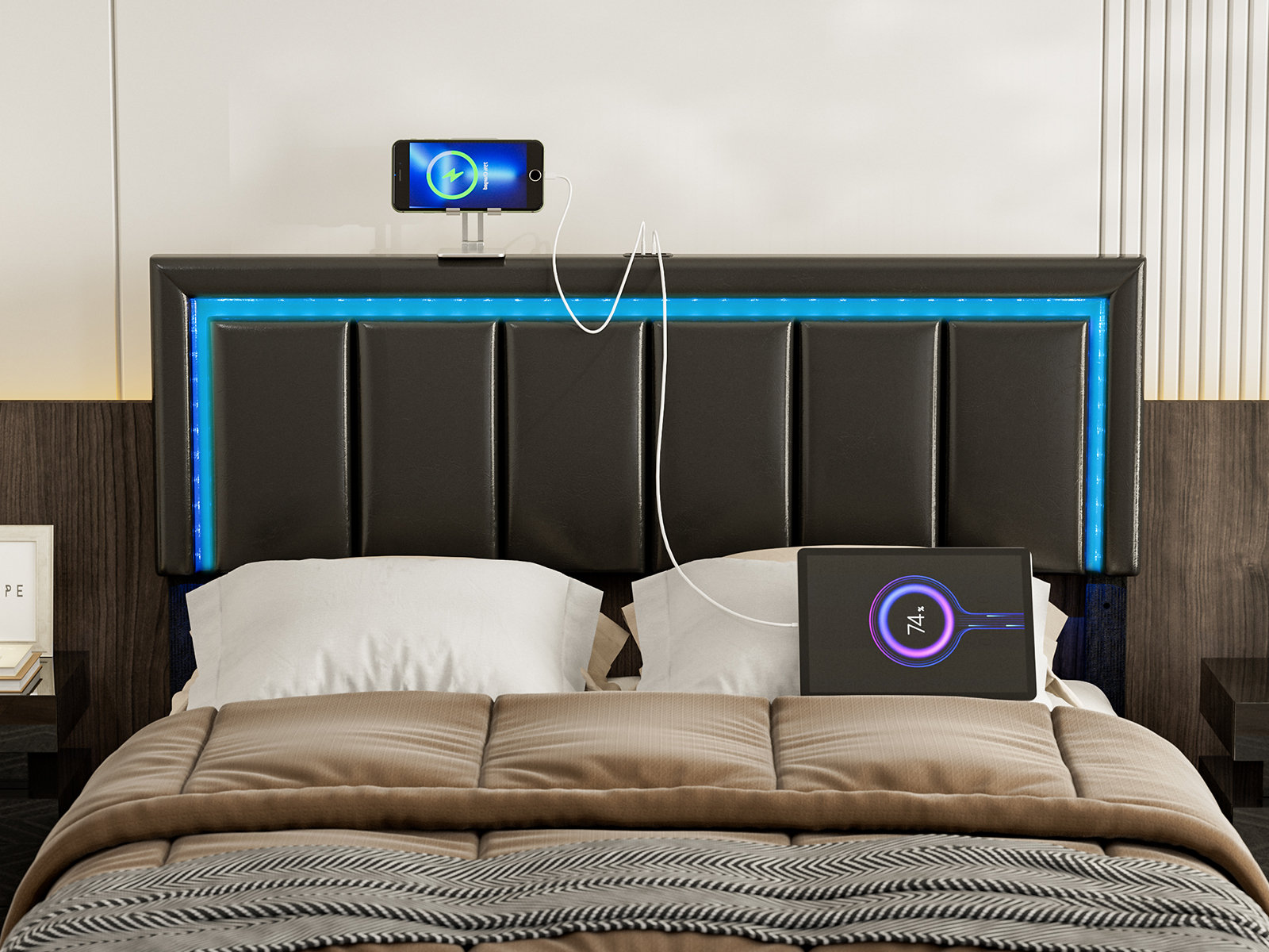 Ivy Bronx Jorelus LED Upholstered Headboard with 2 USB Ports ...