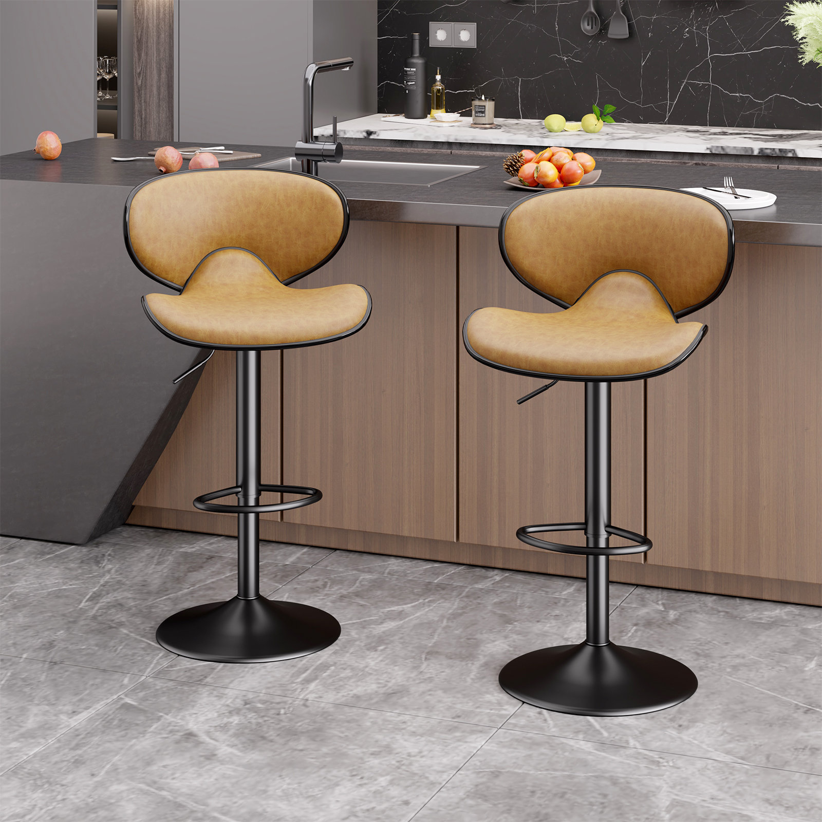 Brayden Studio® Bar Stools Set Of 2, Faux Leather Bar Stools With Back ...