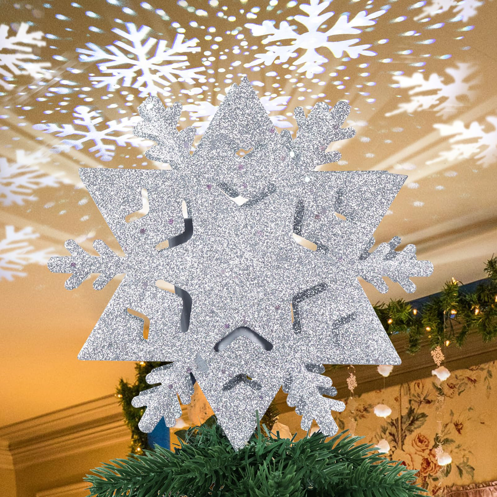 TULGIX Christmas Tree Topper, 3D Silver Snowflake Tree Topper with ...