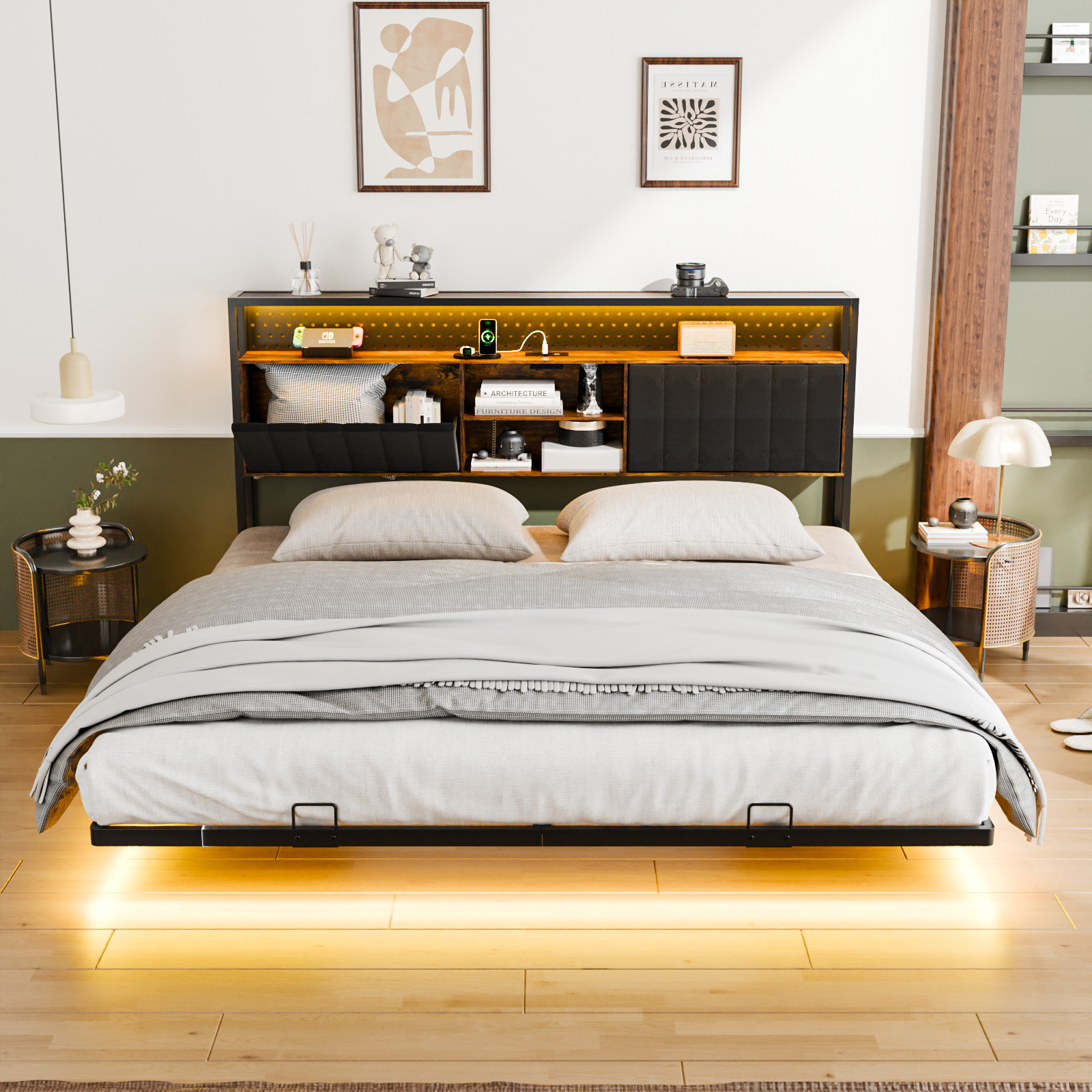 Wrought Studio™ Floating Bed Frame With Charging Station, LED Bed Frame ...