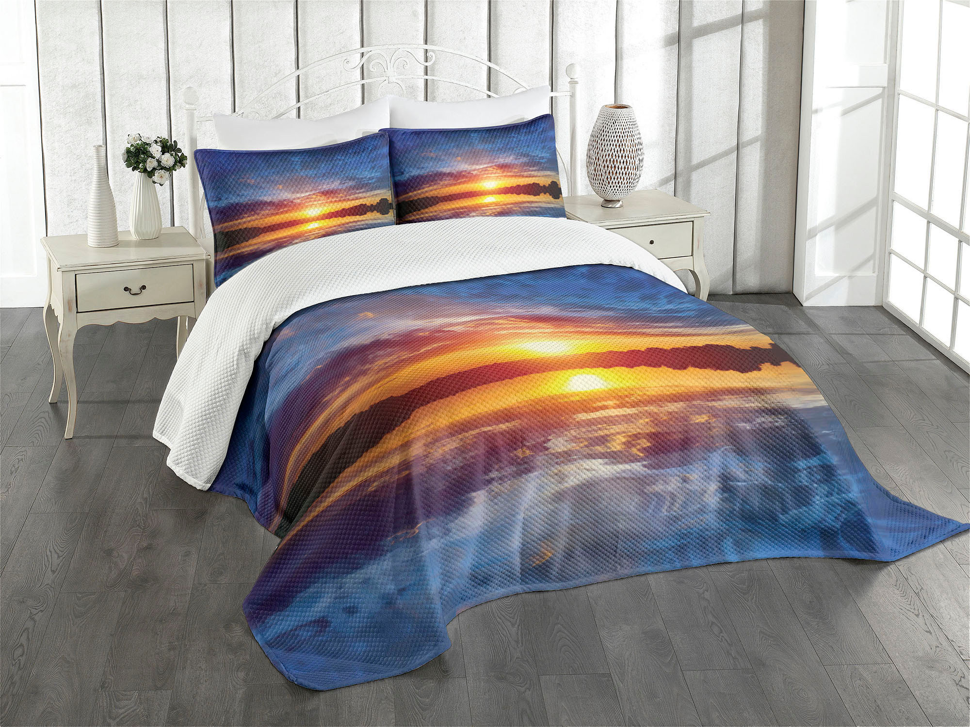 Ambesonne Ambensonne Lake Bedspread Dreamy Sunset Scenery Blue Pale ...
