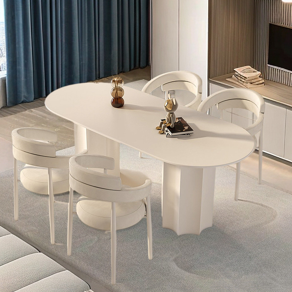 ULTORU 4 - Person White Oval Sintered Stone Tabletop + Iron Dining ...