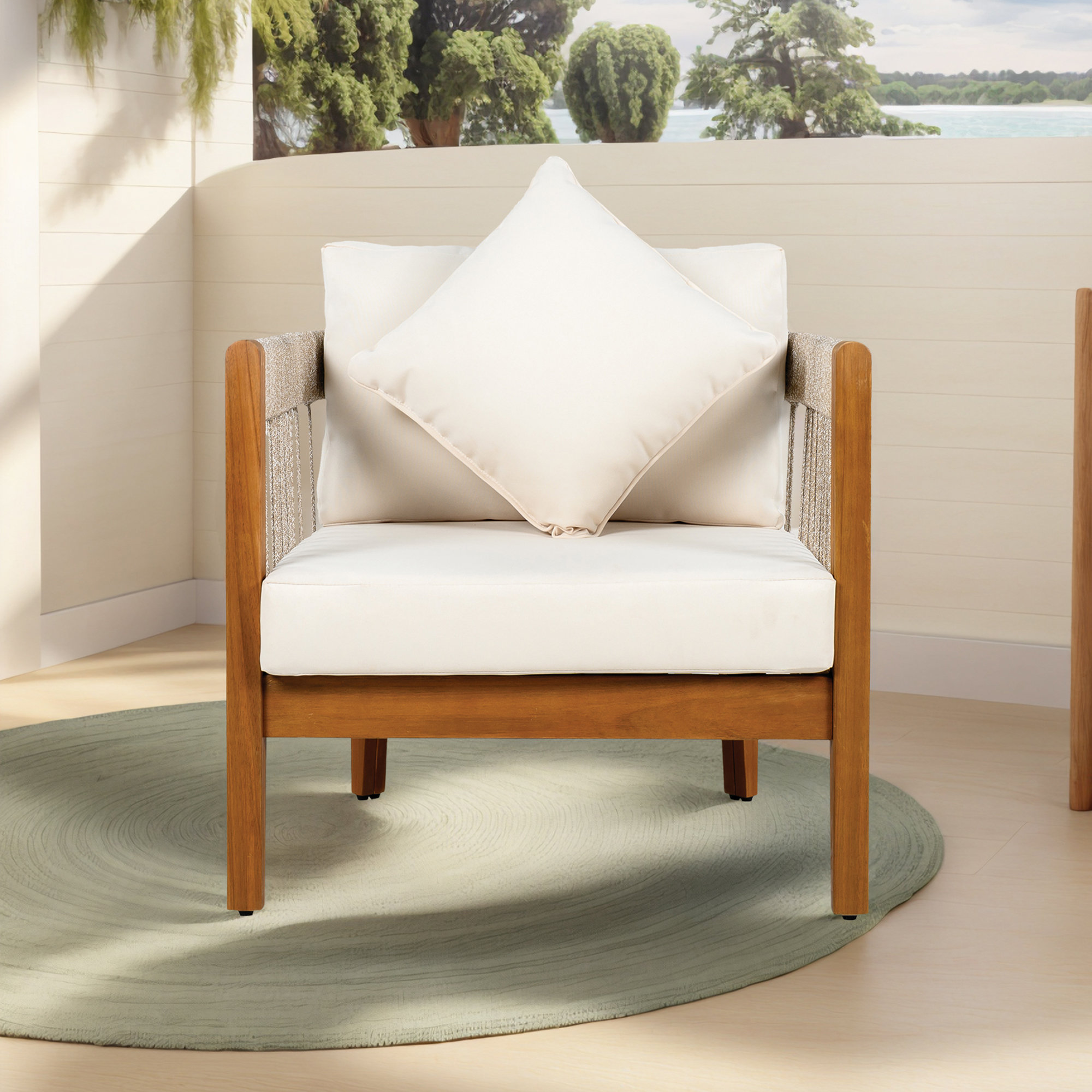 Ebern Designs Acacia Wood Woven Rope Back Outdoor Chair With Removable ...