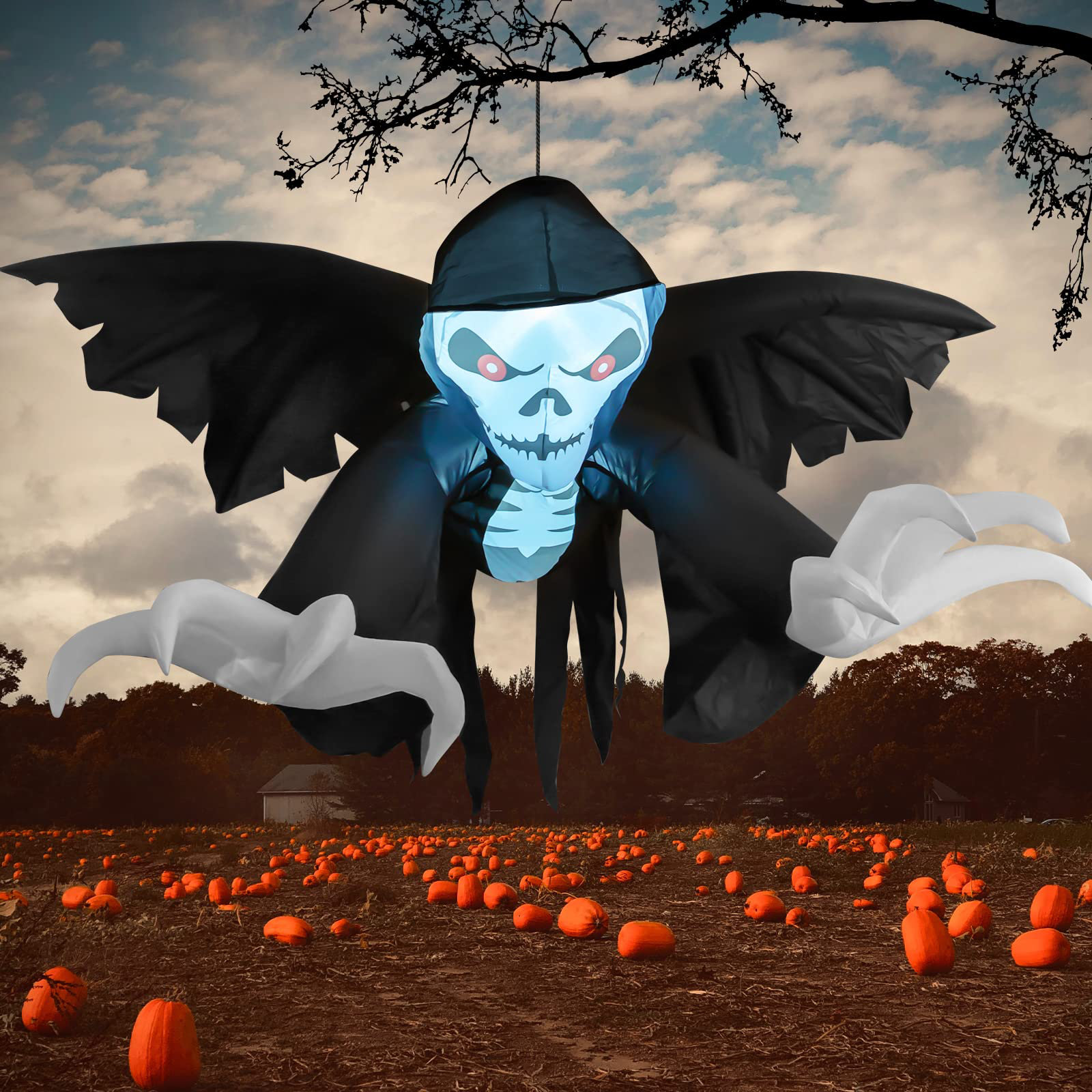 GOOSH Halloween Inflatable 5.2 ft Hanging Skeleton Ghost with Raising ...