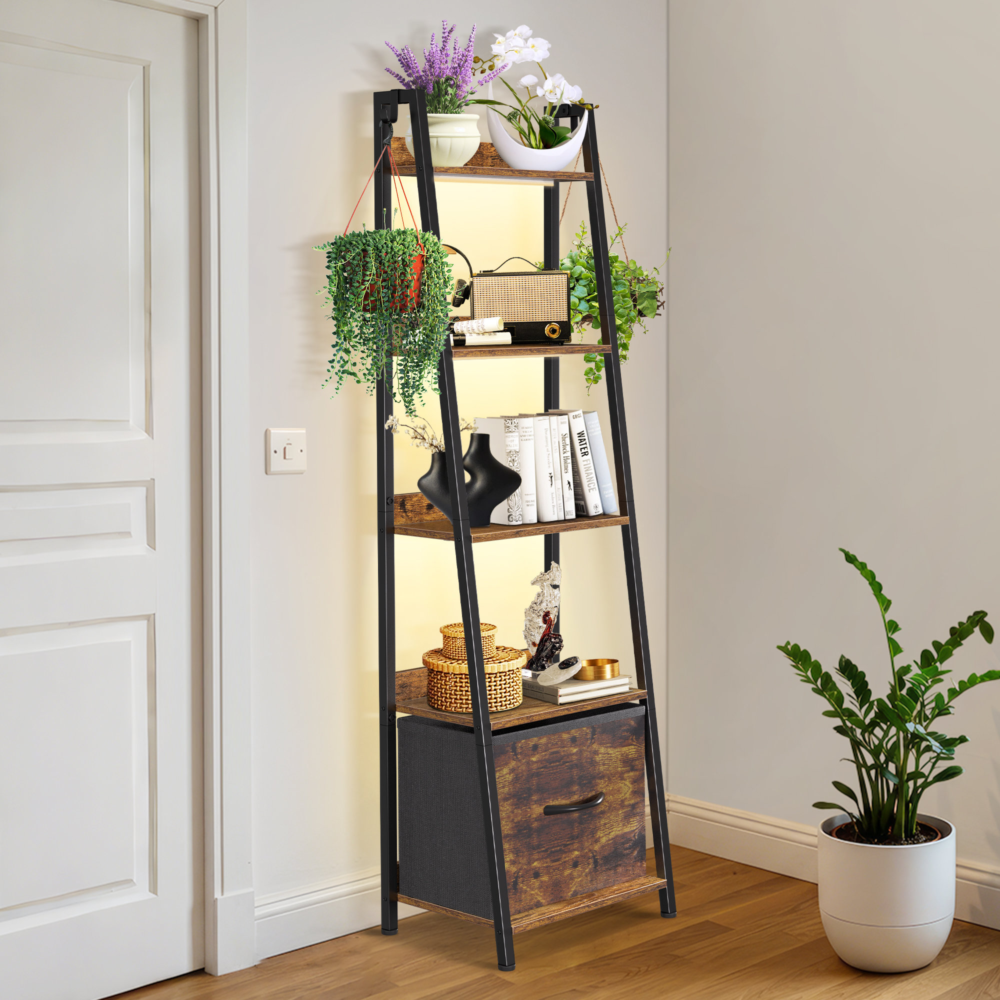17 Stories 56“ Tall Plant Stand with Grow Lights, ladder Bookcase with ...