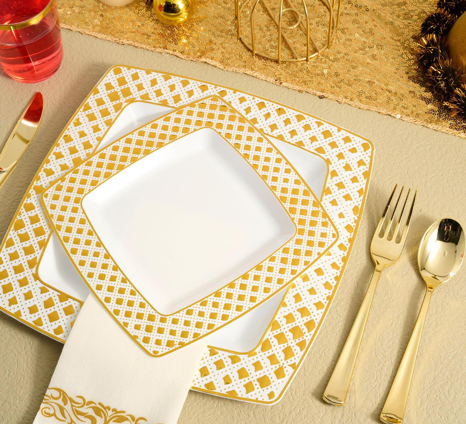 COEN 175-Piece Dinnerware Set for 25 Guests – Square Plastic Plates ...