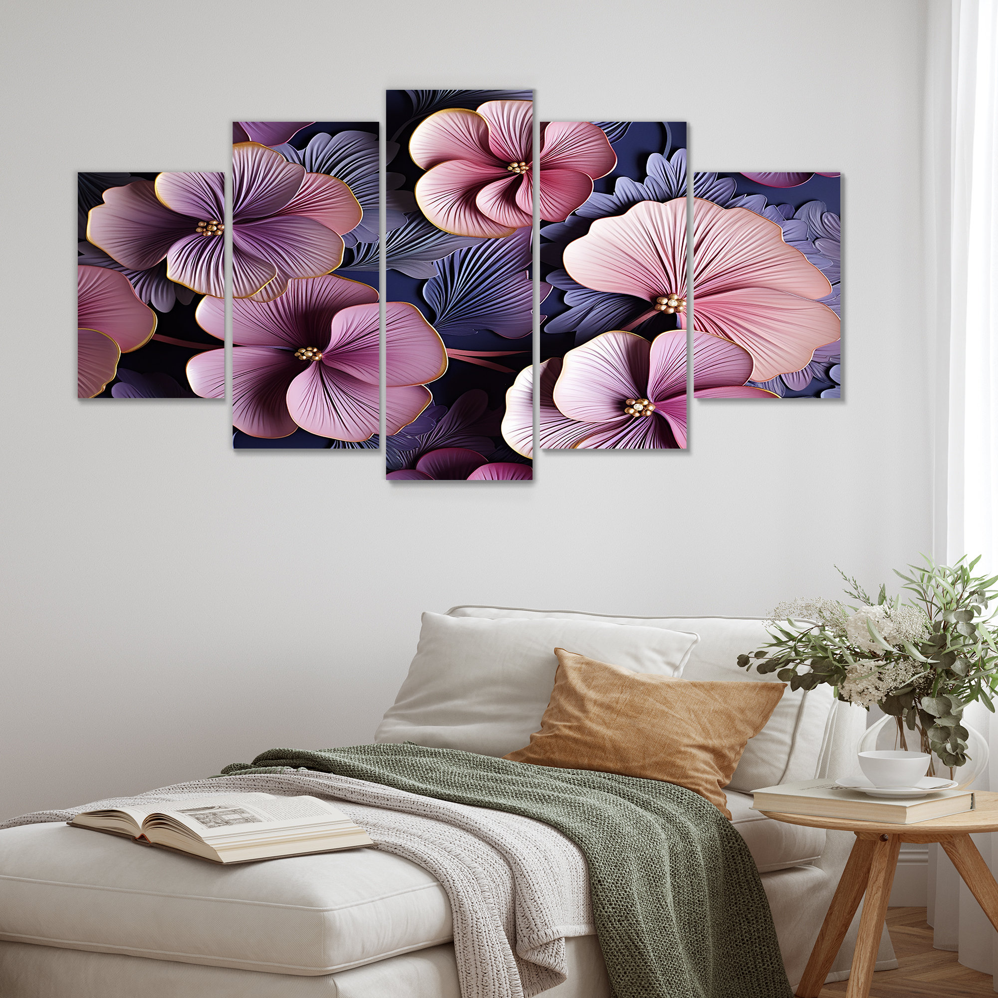 Design Art Pink Retro Violet Flowers - Violet Wall Art Canvas 5 Piece ...