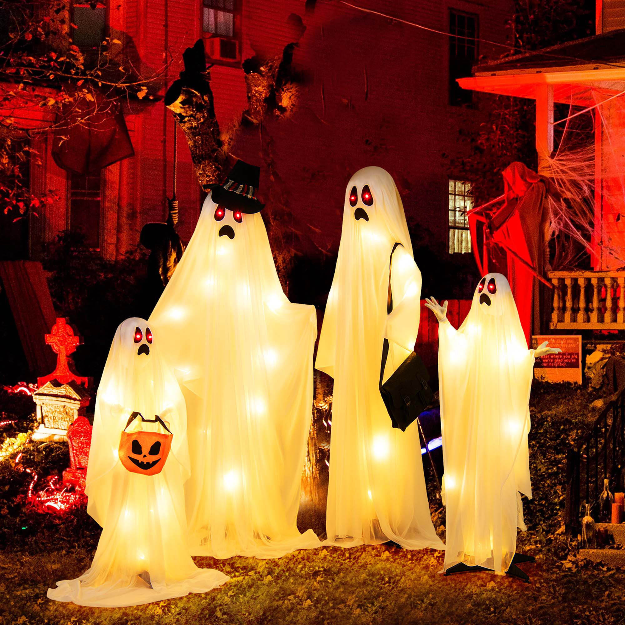 The Holiday Aisle® 4 Pcs Halloween Light Up White Cloth Ghosts Life ...