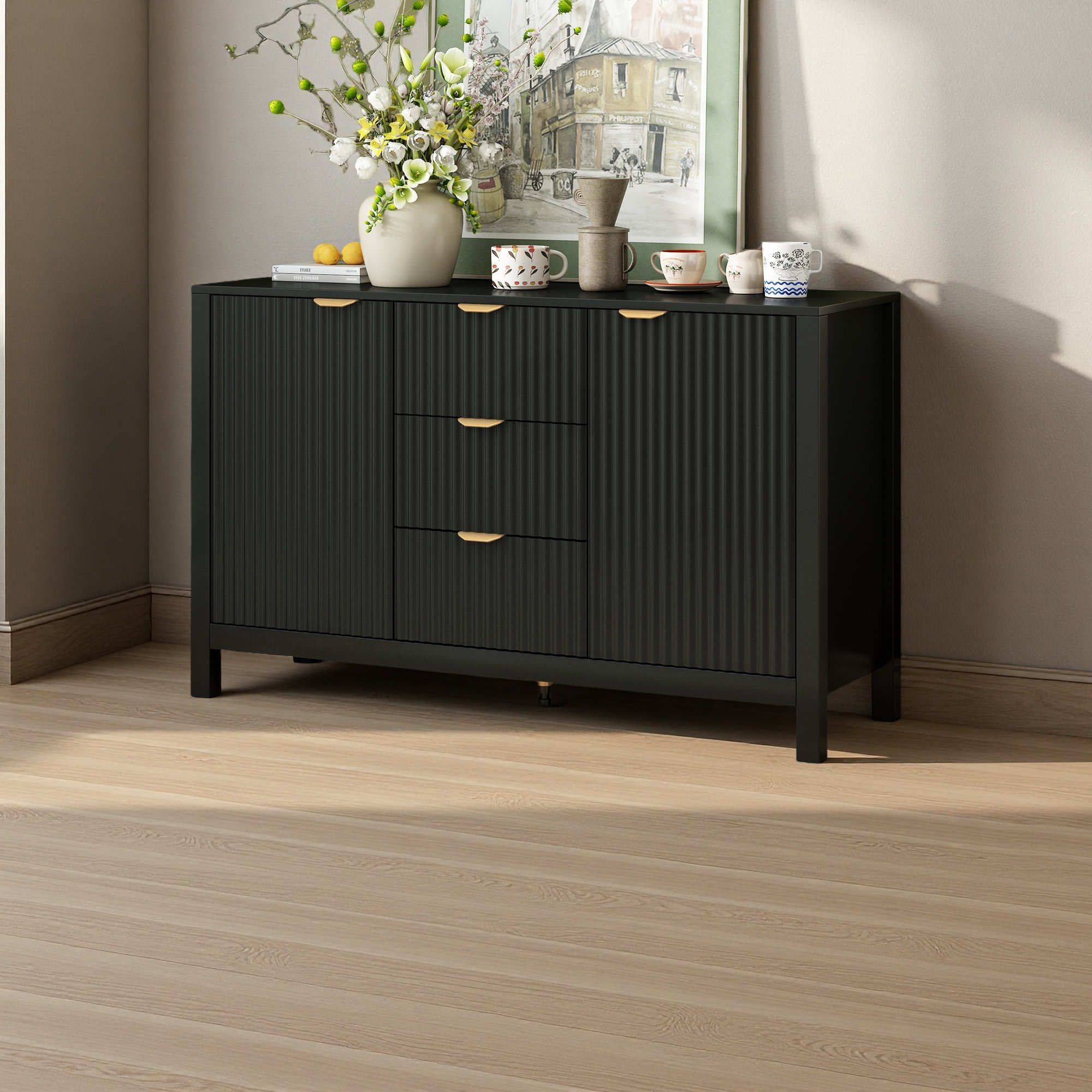 Ebern Designs Sideboard With Wave Design - 3 Adjustable Shelves ...