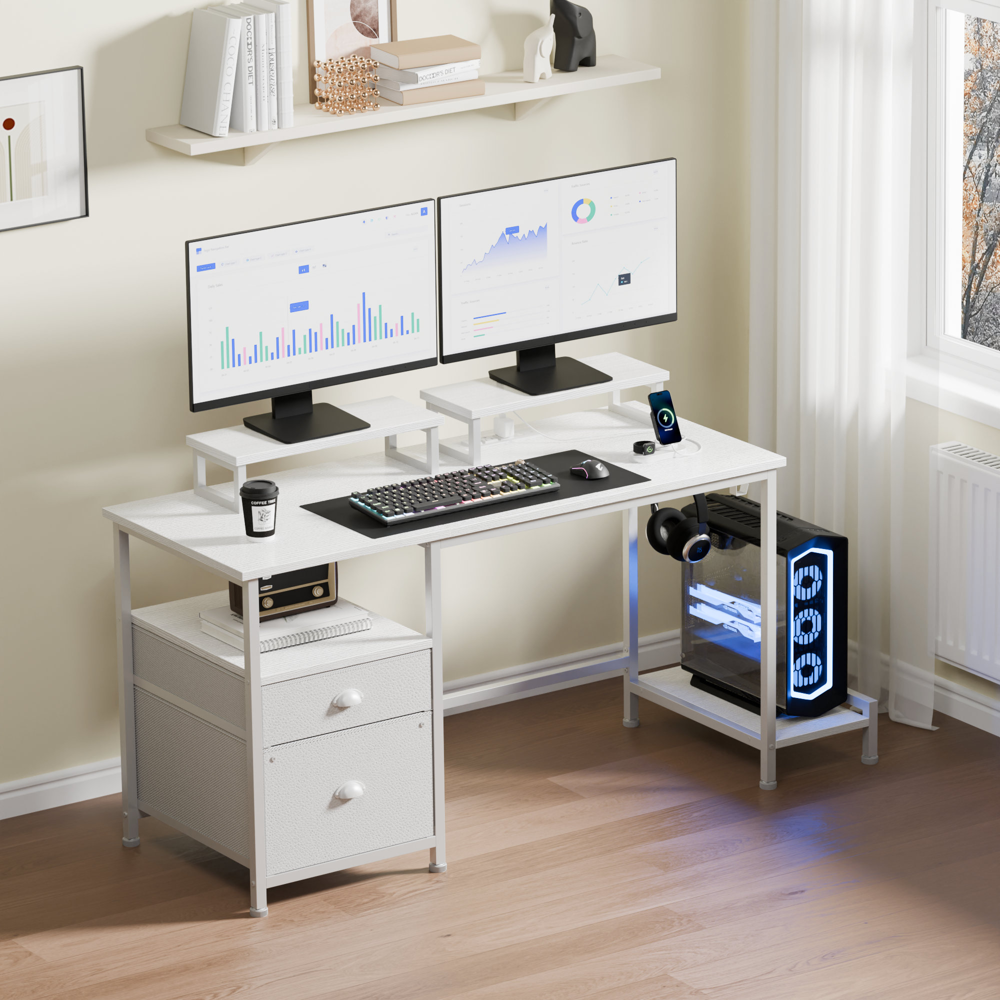 Furco 55" Computer Desk with 2 monitor stands, work office Computer ...