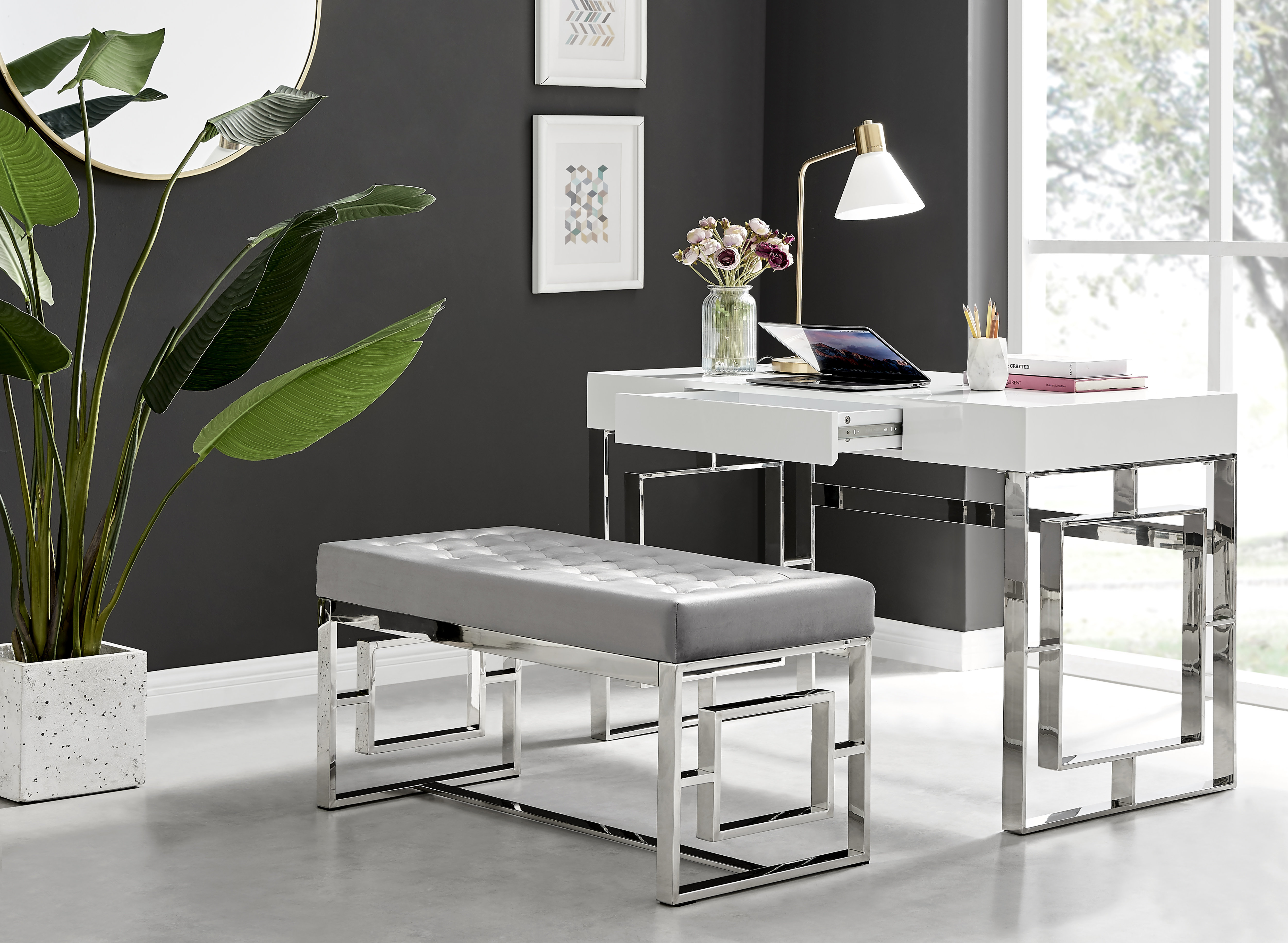 Canora Grey Camberley Luxury High Gloss And Chrome Dressing Table With ...