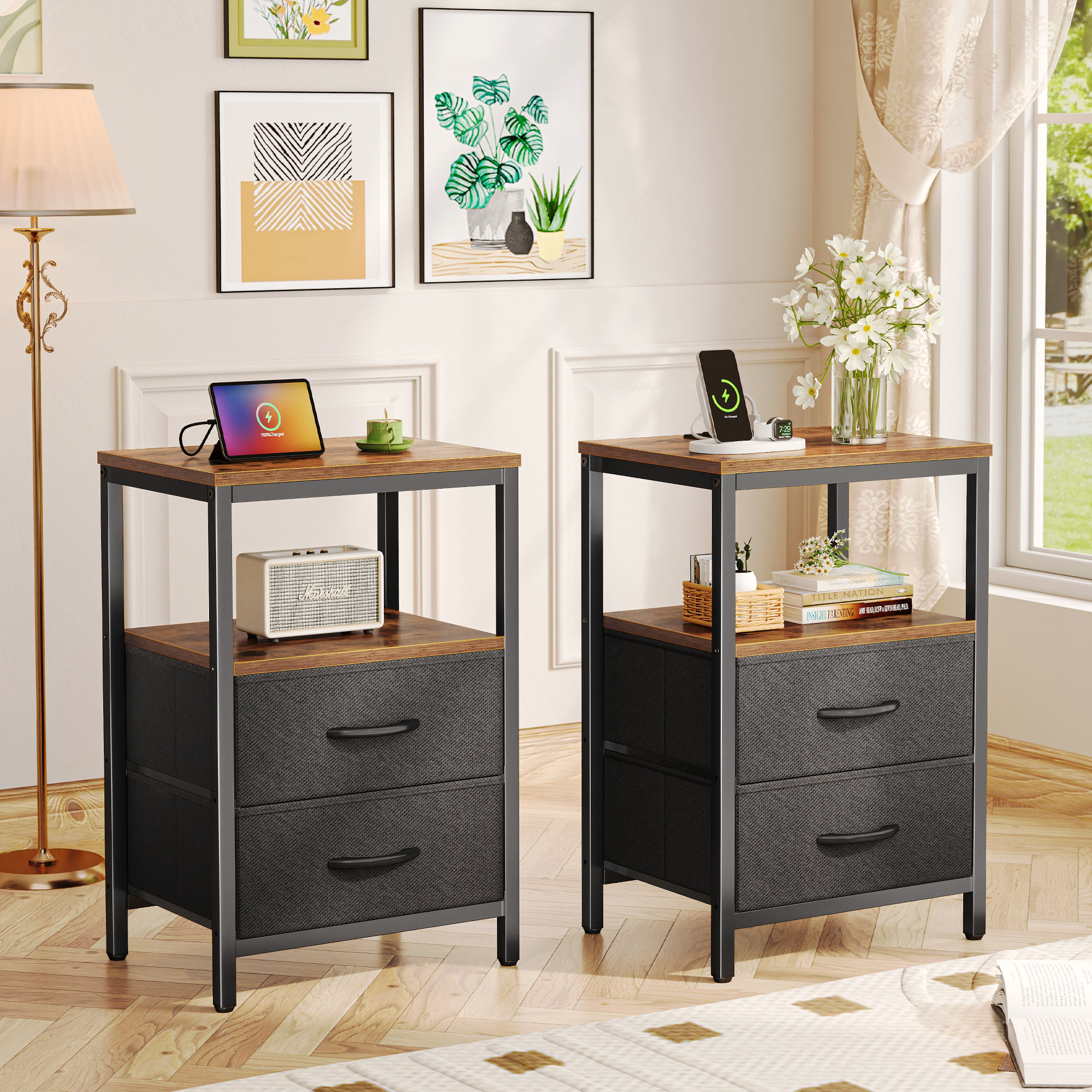 Rebrilliant Milburr Nightstand with 2 Drawers & Outlets,night stand ...