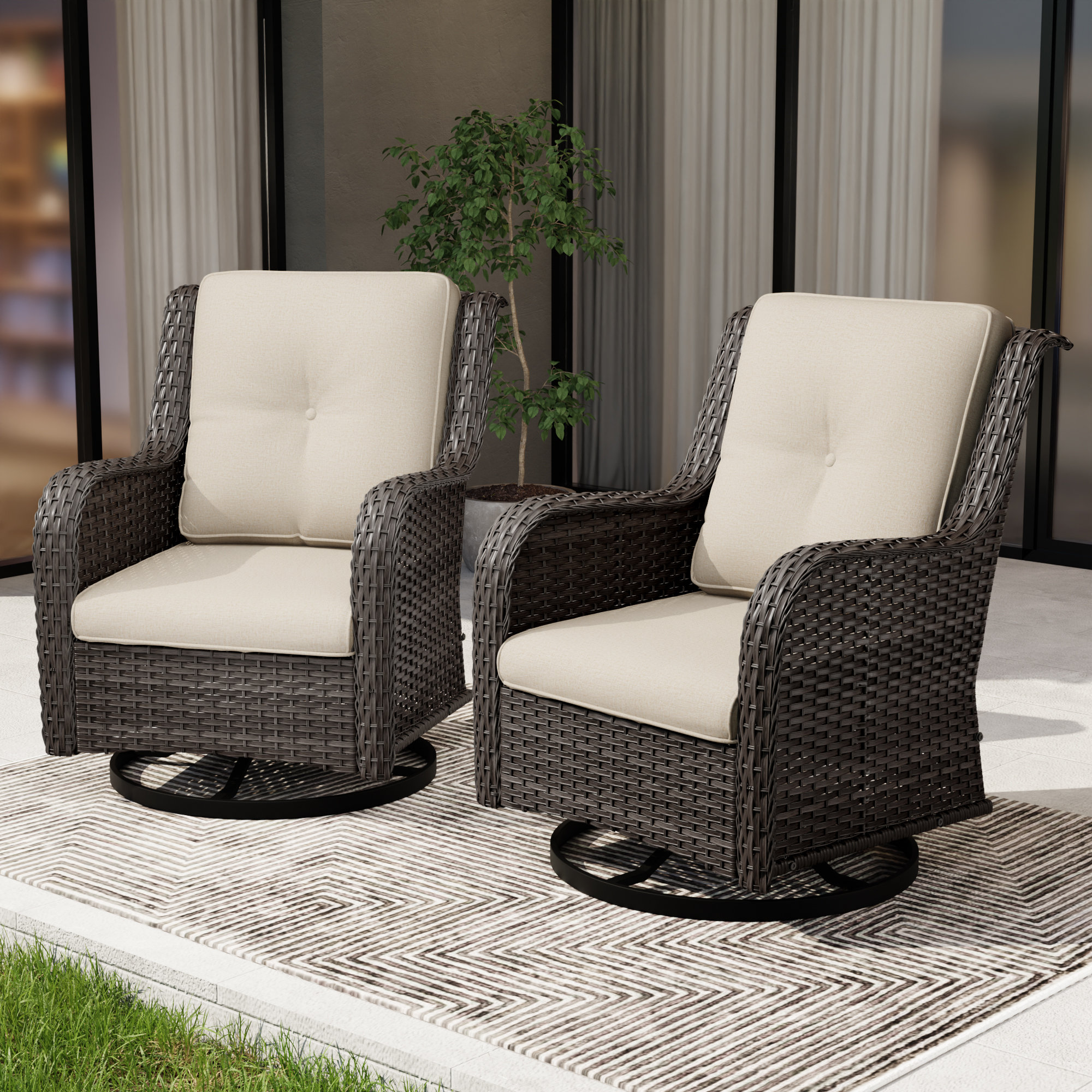 Red Barrel Studio® Anahit Swivel Wicker Patio Chair with Cushions (Set ...