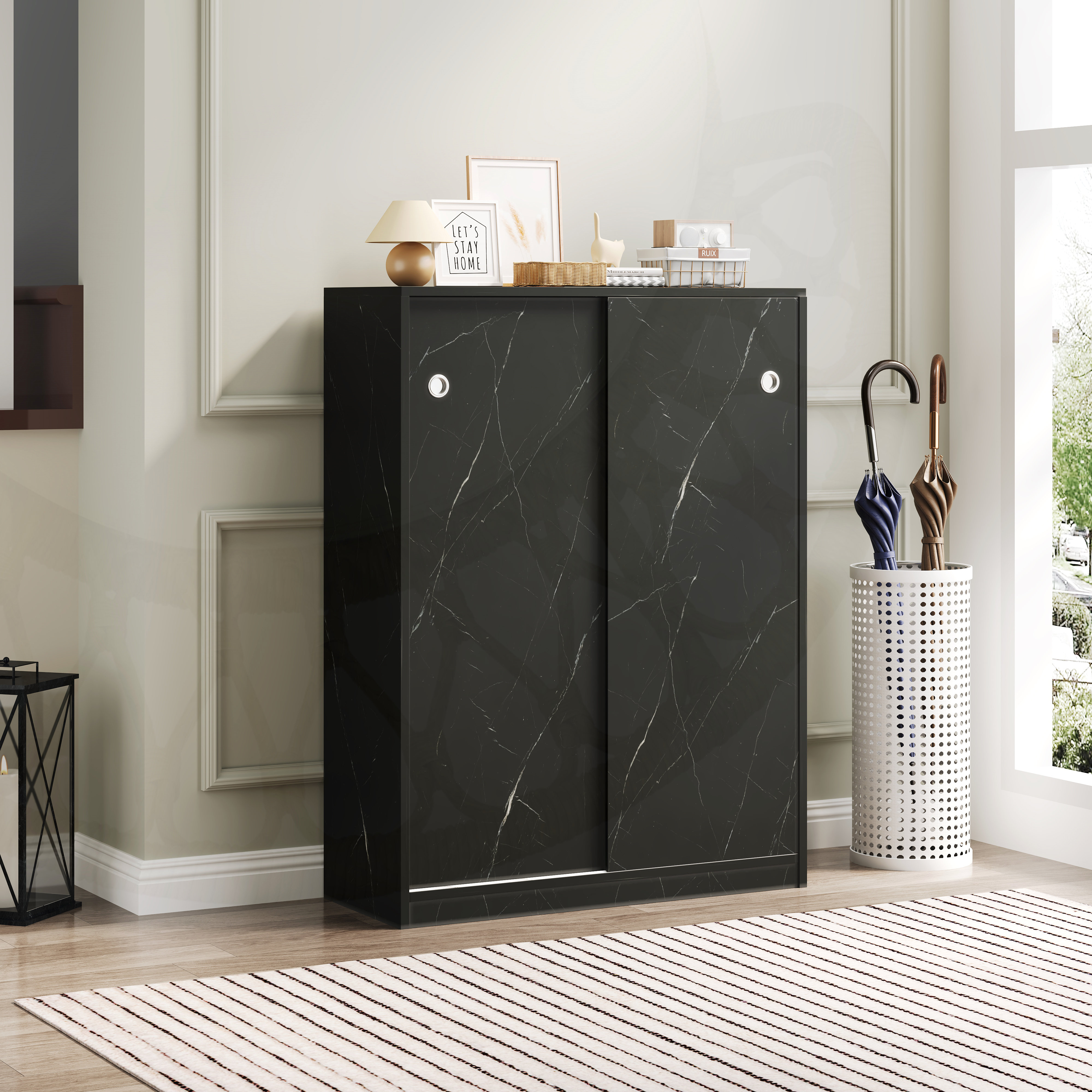 Latitude Run® Marble Sliding Door Shoe Cabinet with Movable Partition ...