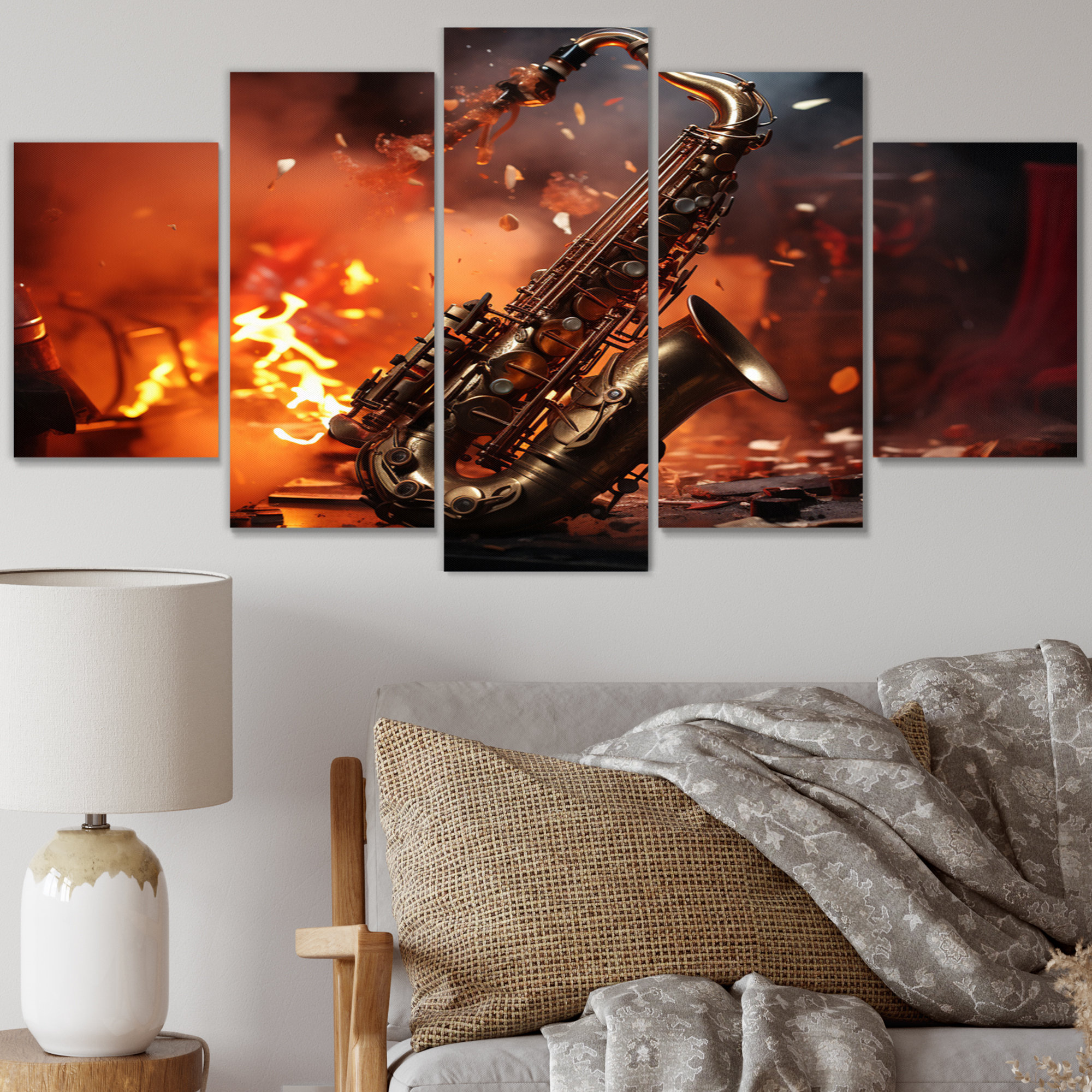 Design Art Orange Black Fire Sax Tools Music - Music Metal Wall Art Set ...