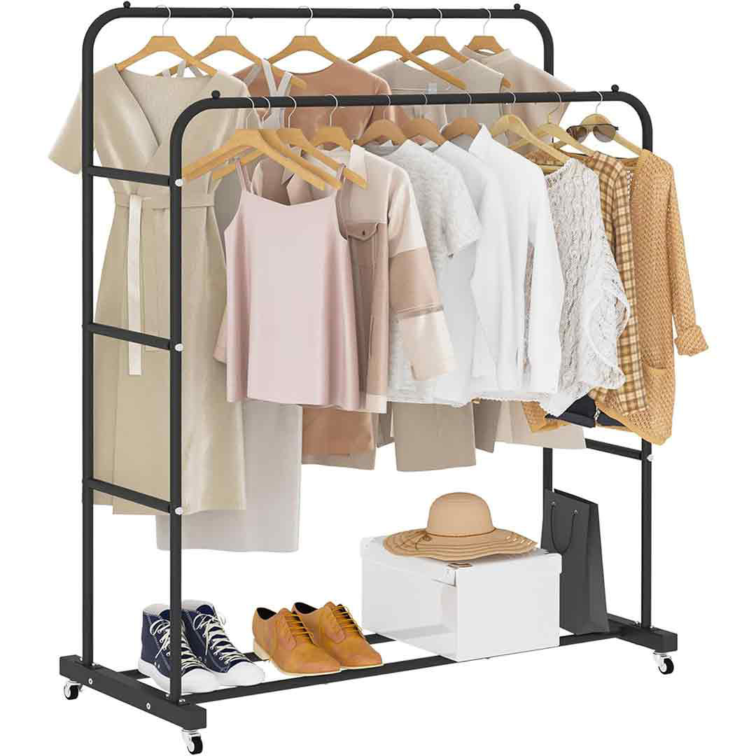 Rebrilliant Double Rods Clothing Rack With Wheels, Garment Rack For ...