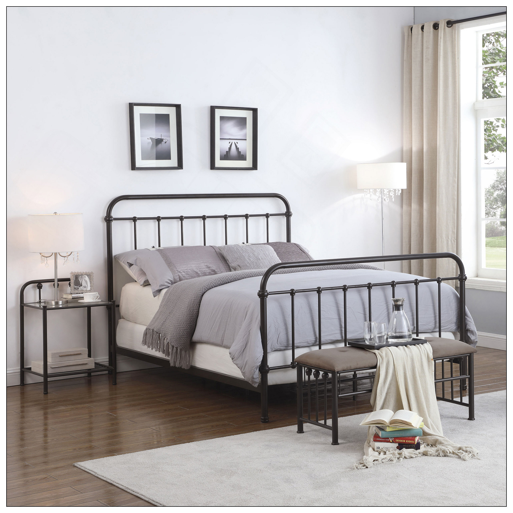 August Grove® Olaleye Dark Bronze Queen Metal Spindle Panel Bed With ...