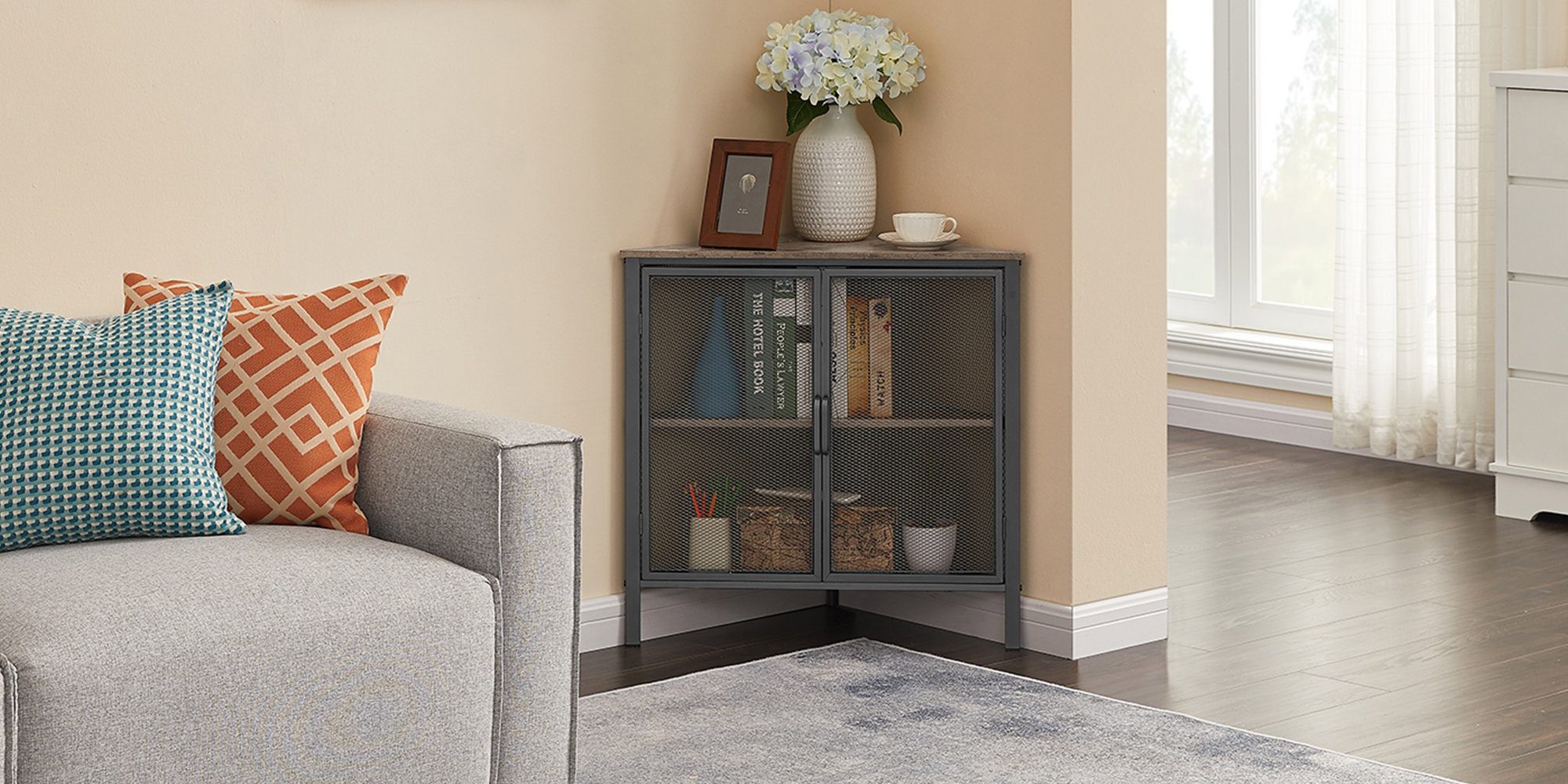 Trent Austin Design® Kempst Corner End Table Shelf, 3-Tier Display Shelves with Protection Door ...